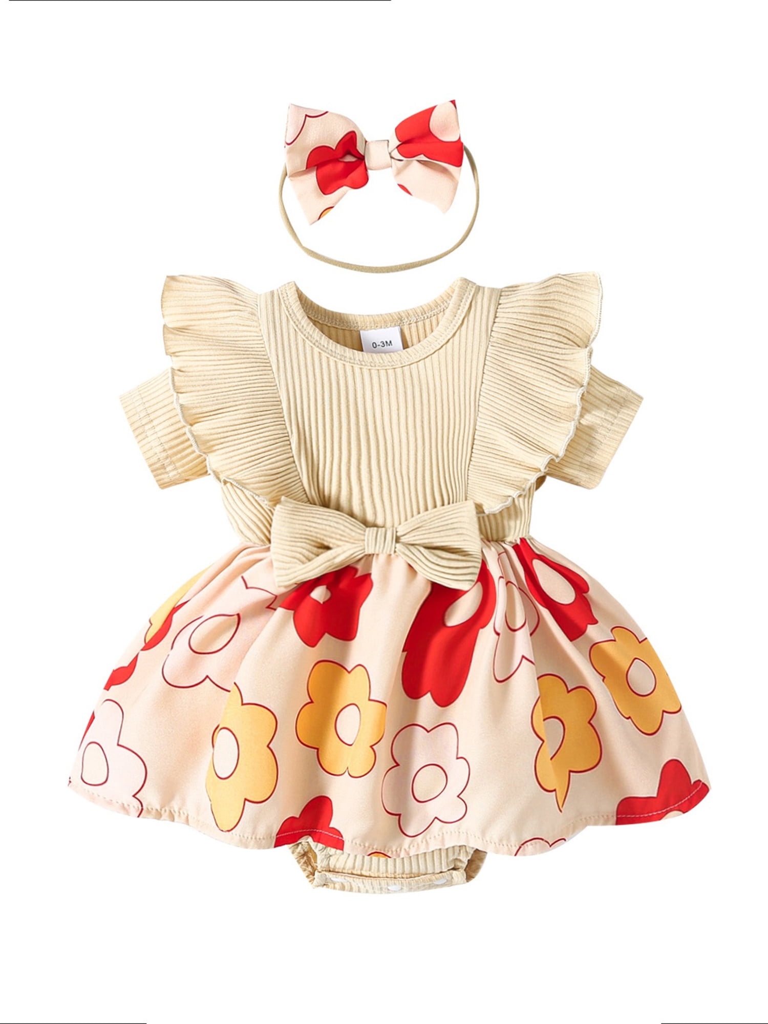 Shuttle tree Baby Girl Spring Outfits Floral Ribbed Short Sleeve Romper Dress with Headband Set ...