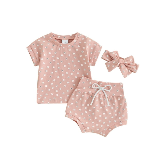 Shuttle tree Baby Girl Summer Clothes Flower Print T-Shirt with Shorts and Headband Outfit ...
