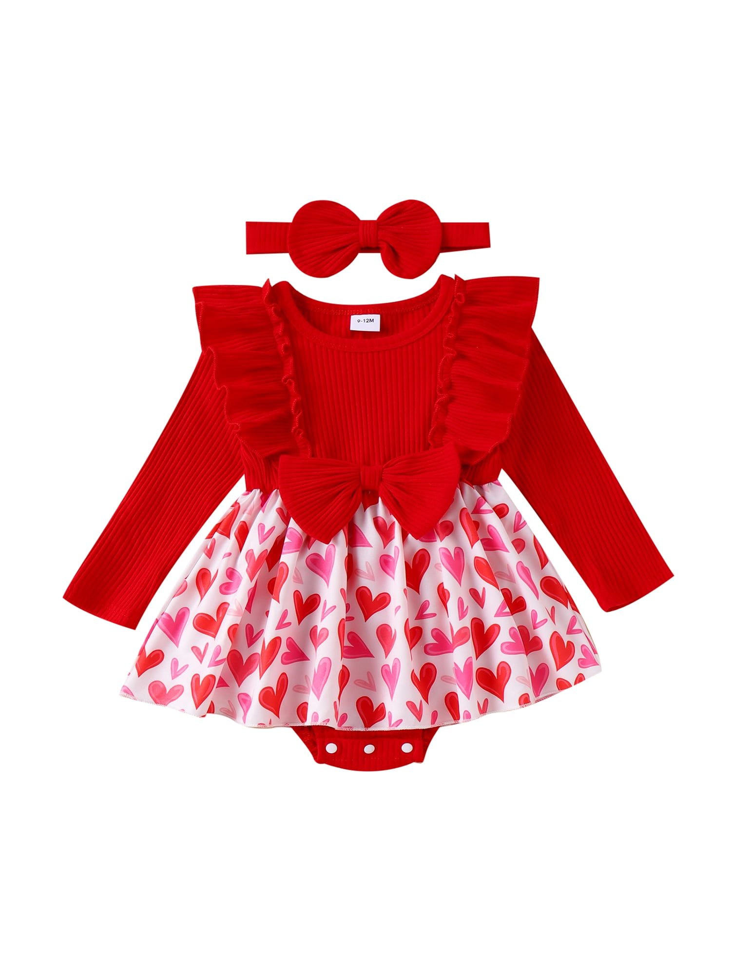 Shuttle tree Baby Girl Valentine's Day Clothes Long Sleeve Heart Print Ruffle Romper Dress with ...
