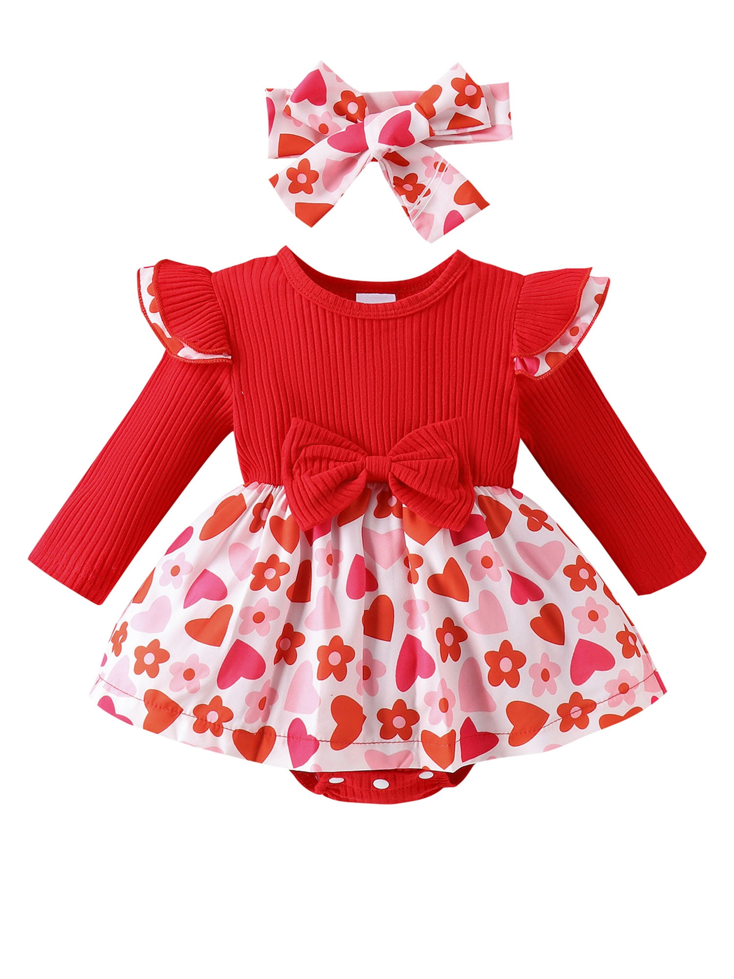 Shuttle tree Baby Girl Valentine's Day Outfits Heart Print Ruffle Romper Dress with Headband Set ...
