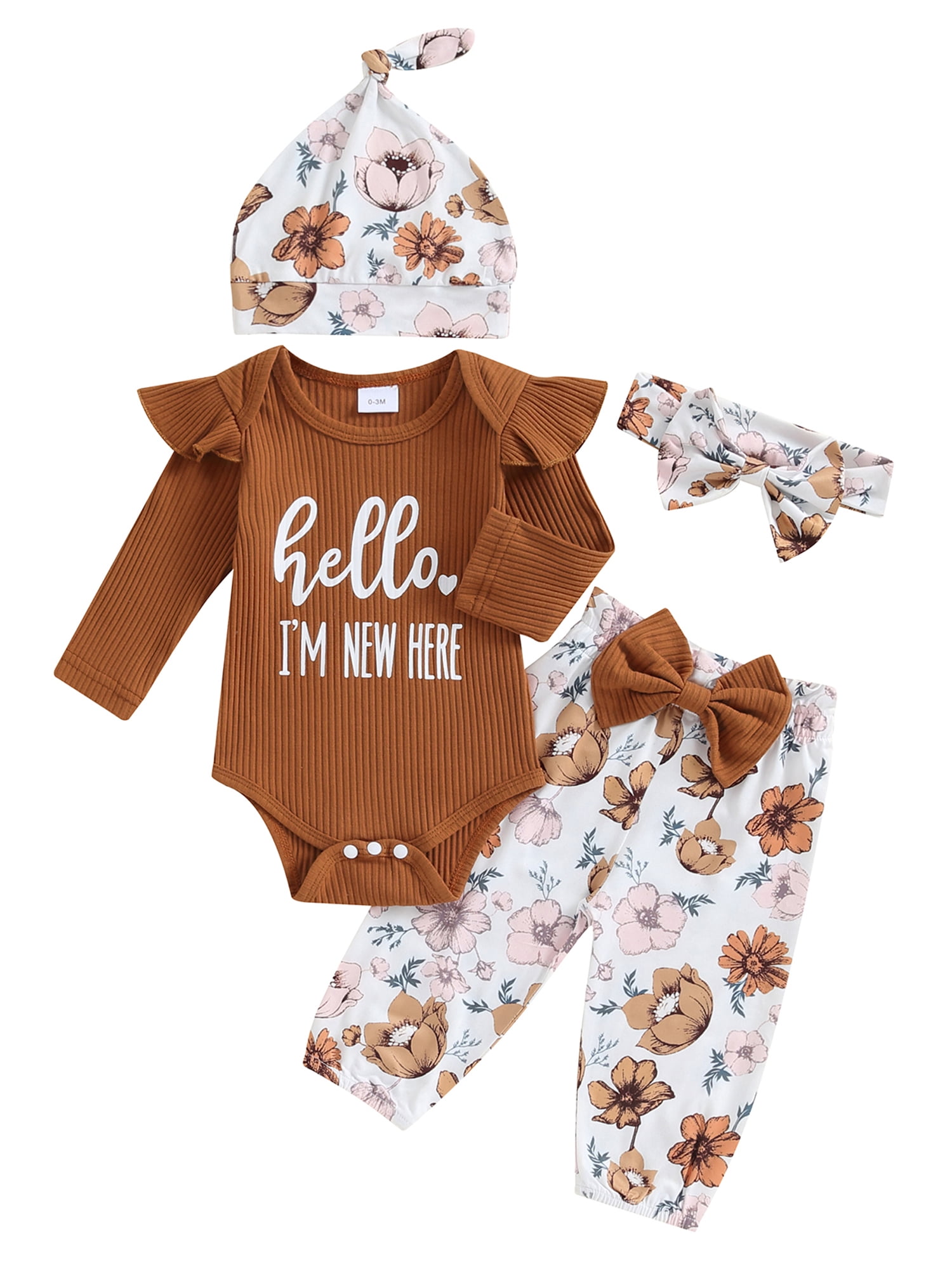 Shuttle tree Baby Girl's 3pc Rib Frill Long Sleeve Romper and Pant Headband Hat Set - Walmart.com