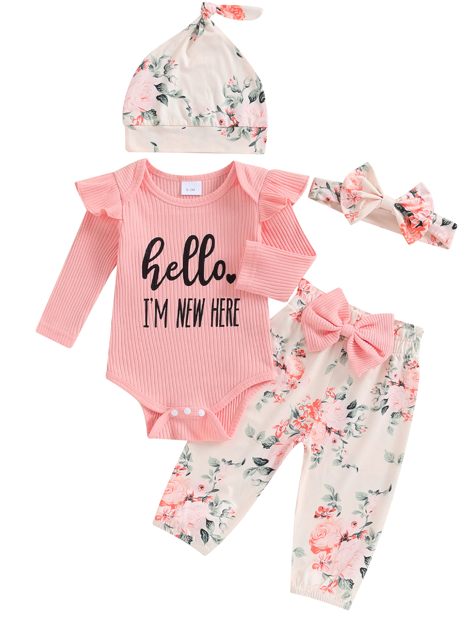 Shuttle tree Baby Girl's 3pc Rib Frill Long Sleeve Romper and Pant Headband Hat Set - Walmart.com