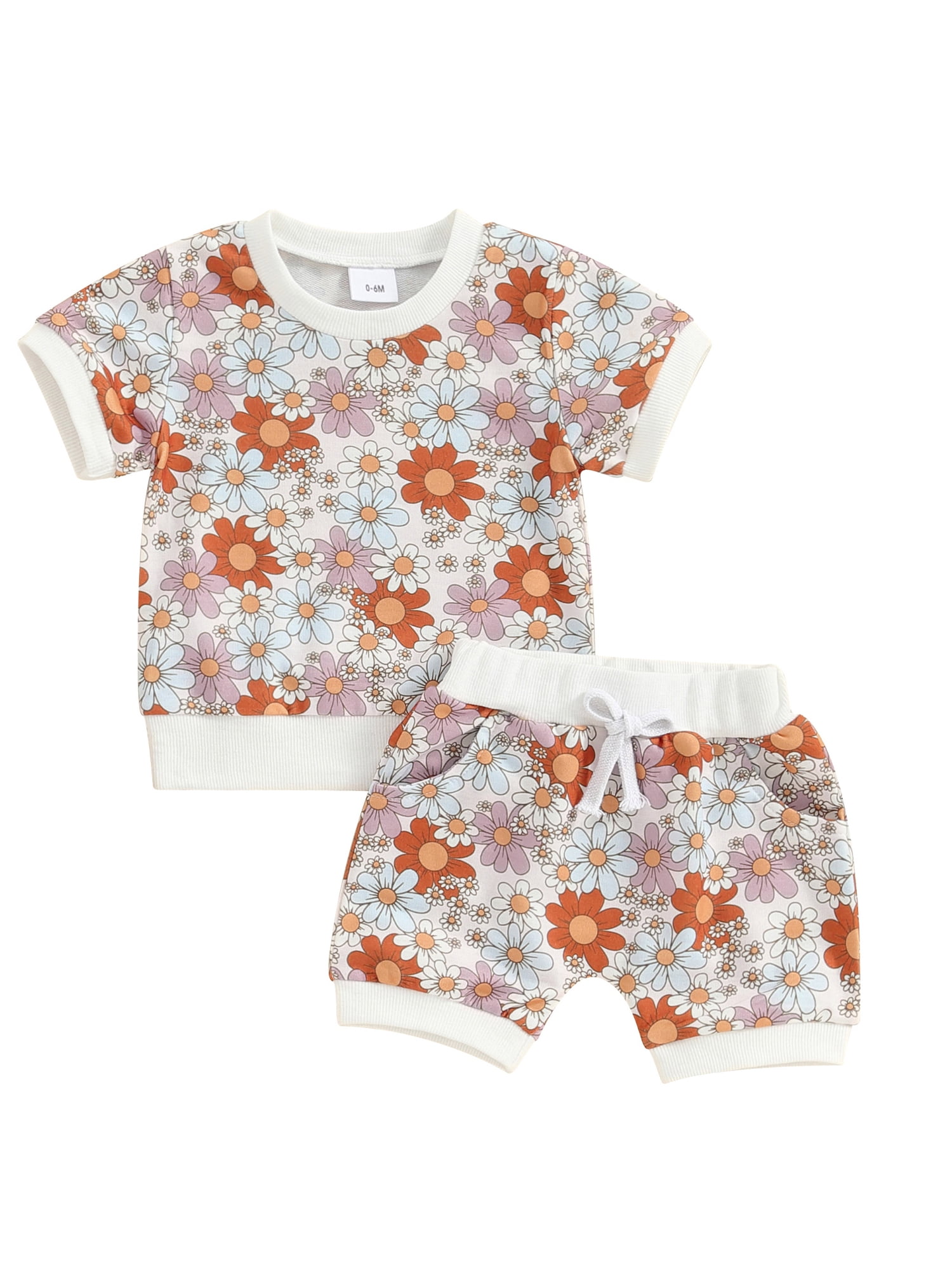 Shuttle tree Baby Girls 2 Piece Outfit Floral Print Short Sleeve T-Shirt and Elastic Shorts Set ...