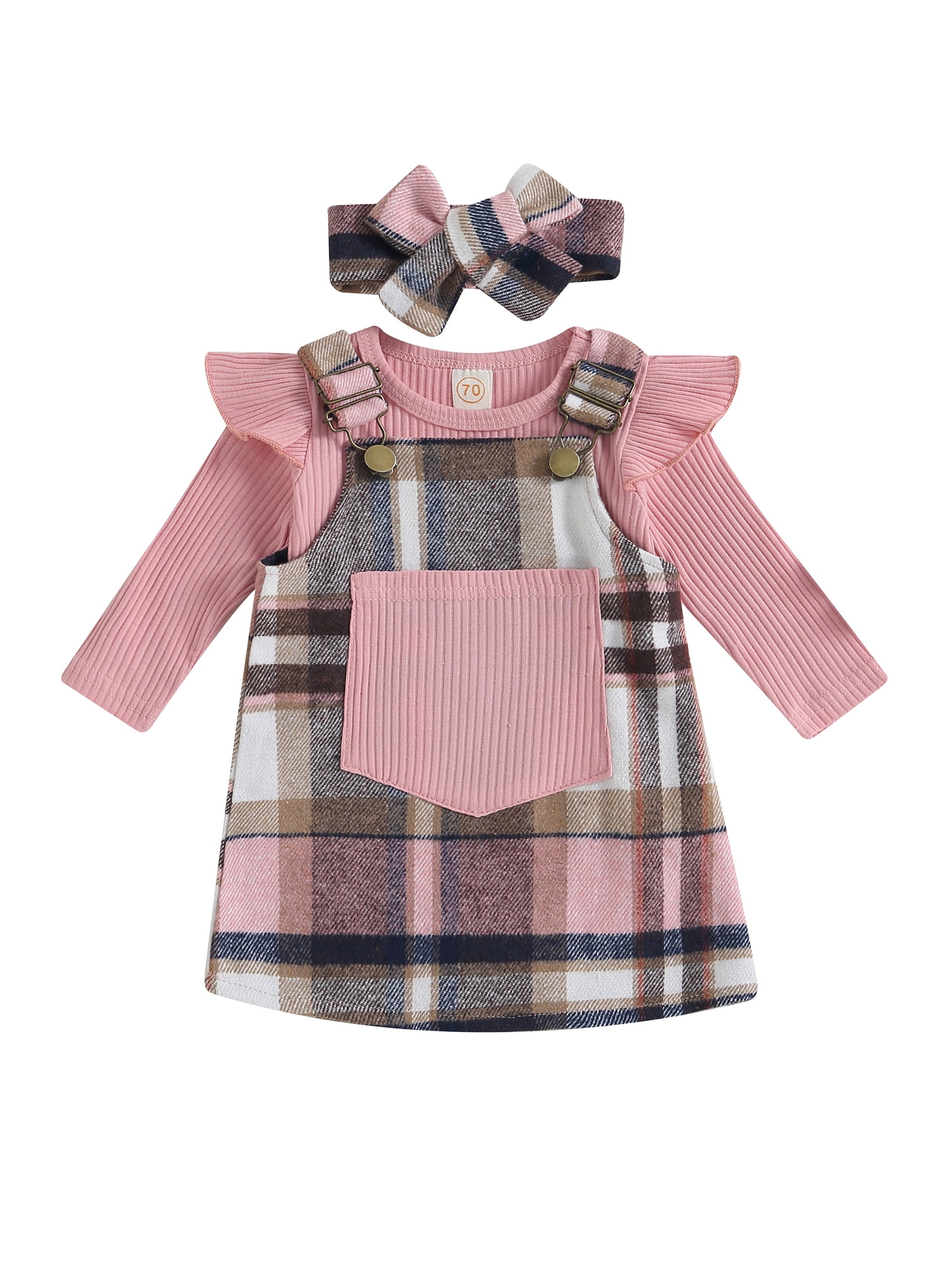Shuttle tree Baby Girls Cute Clothes Ribbed Long Sleeves Romper and Plaid Suspender Dress ...