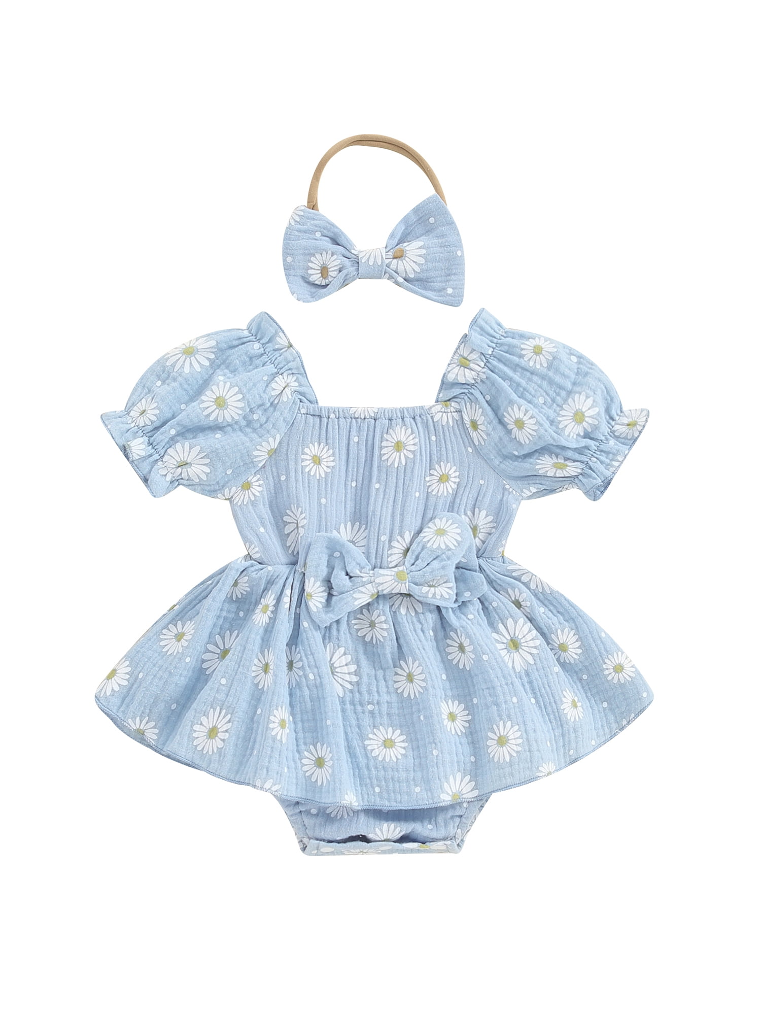 Shuttle tree Baby Girls Daisy Playsuits Ruffled Bodysuit+Headband Floral Print Short Sleeve ...