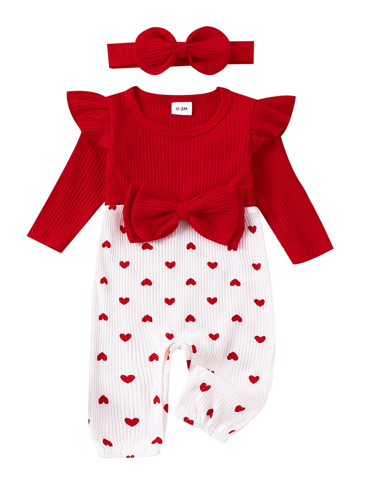 Shuttle tree Baby Girls Valentine's Day Clothes Heart Print Rib Rompers Jumpsuits Bodysuits with ...