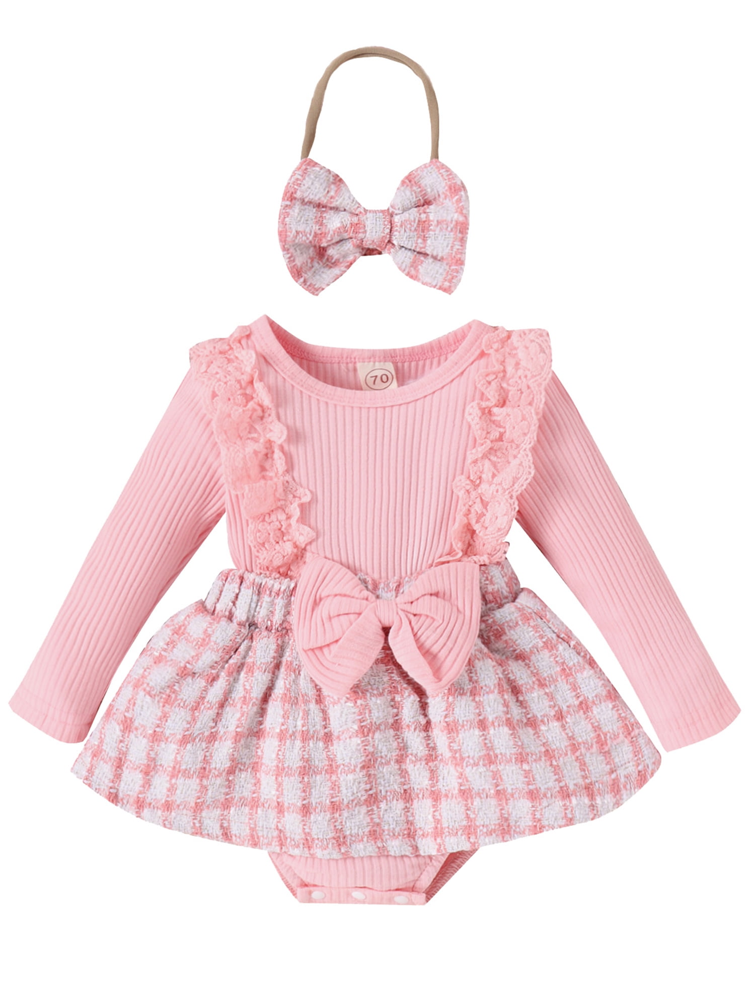 Shuttle tree Infant Baby Girl Fall Winter Outfit Set Plaid Romper Dress Ruffles Long Sleeve ...