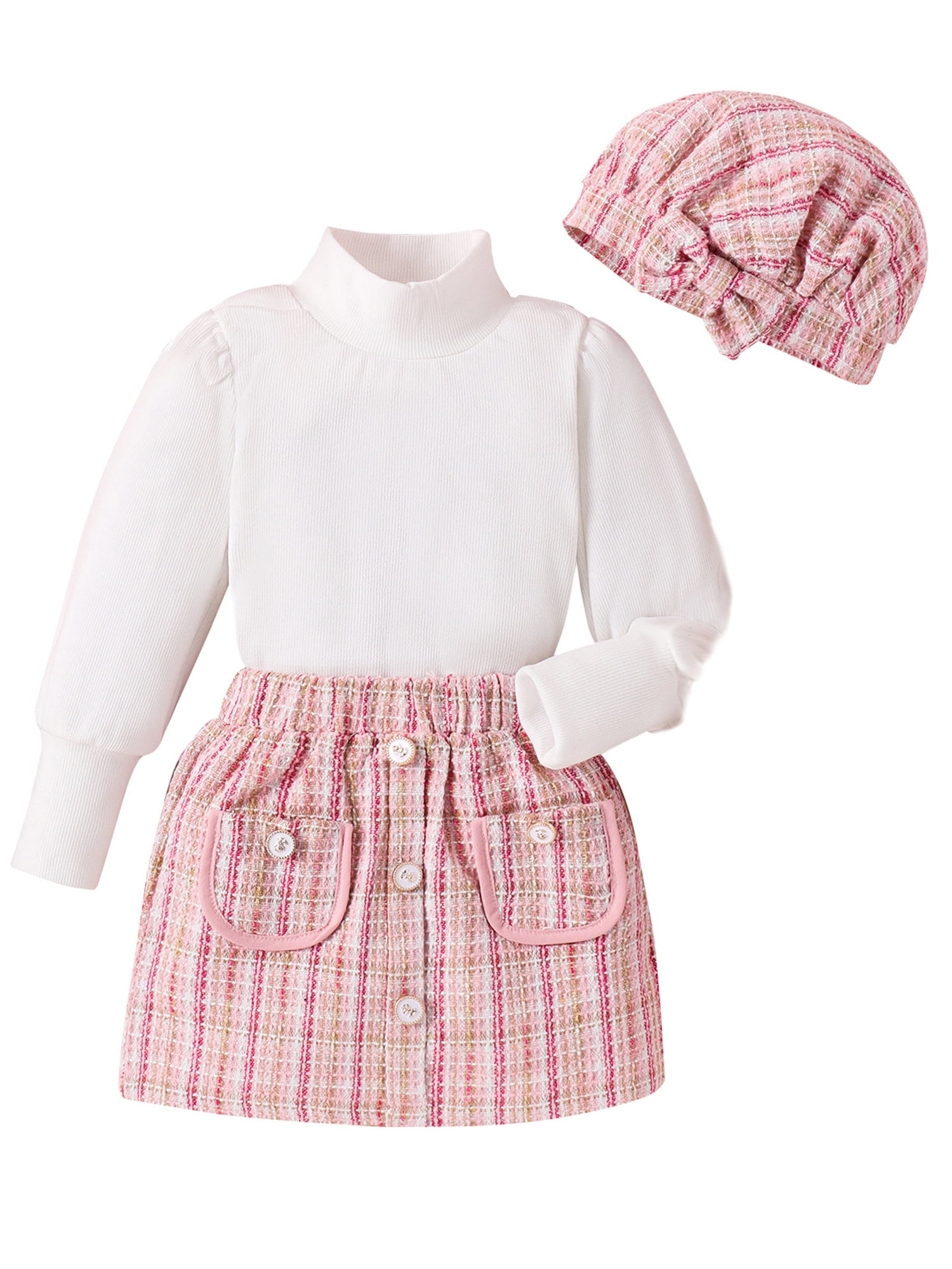 Shuttle tree Kid Toddler Girl Fall Clothes Solid Ribbed Long Sleeve High Neck Tops Plaid Tweed ...