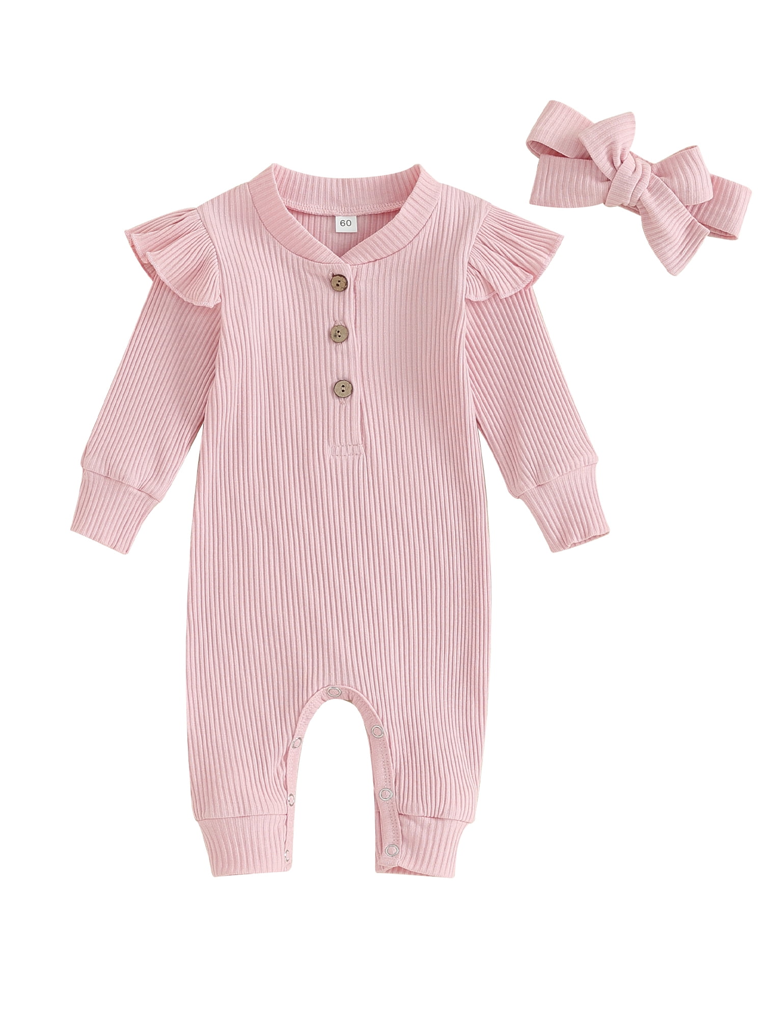 Shuttle tree Newborn Baby Girl Clothes Long Sleeve Ruffle Ribbed Cotton Romper Jumpsuit with ...