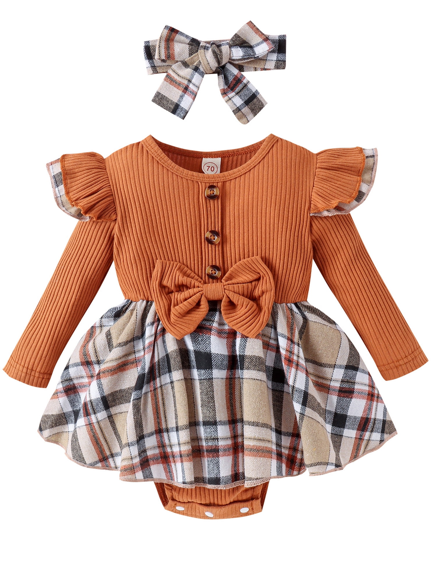 Shuttle tree Newborn Baby Girl Fall Winter Outfit Set Plaid Romper Dress Ruffles Long Sleeve ...
