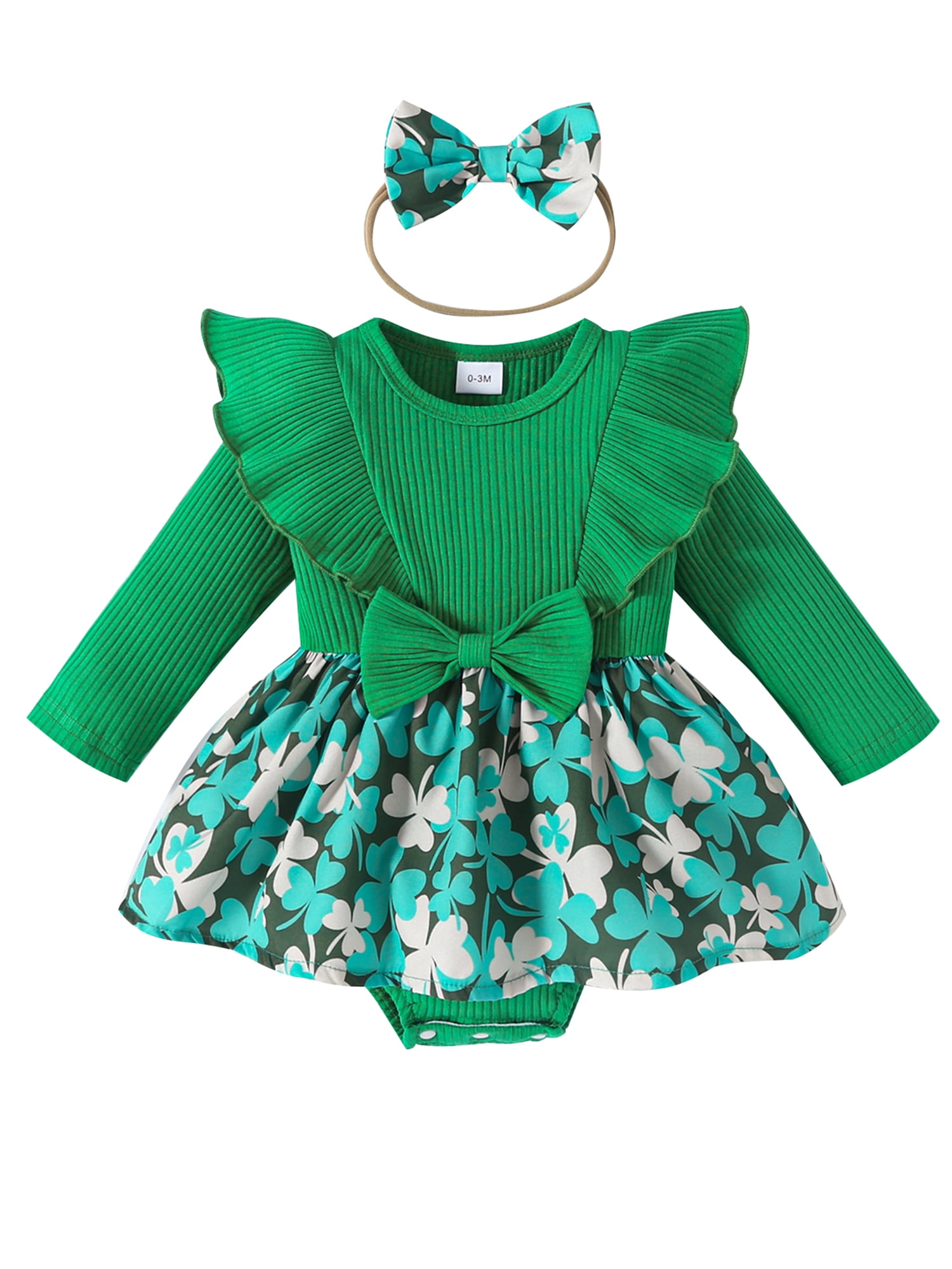 Shuttle tree Newborn Baby Girl St. Patrick Clothes Long Sleeve Ribbed Romper Dress with Bow ...