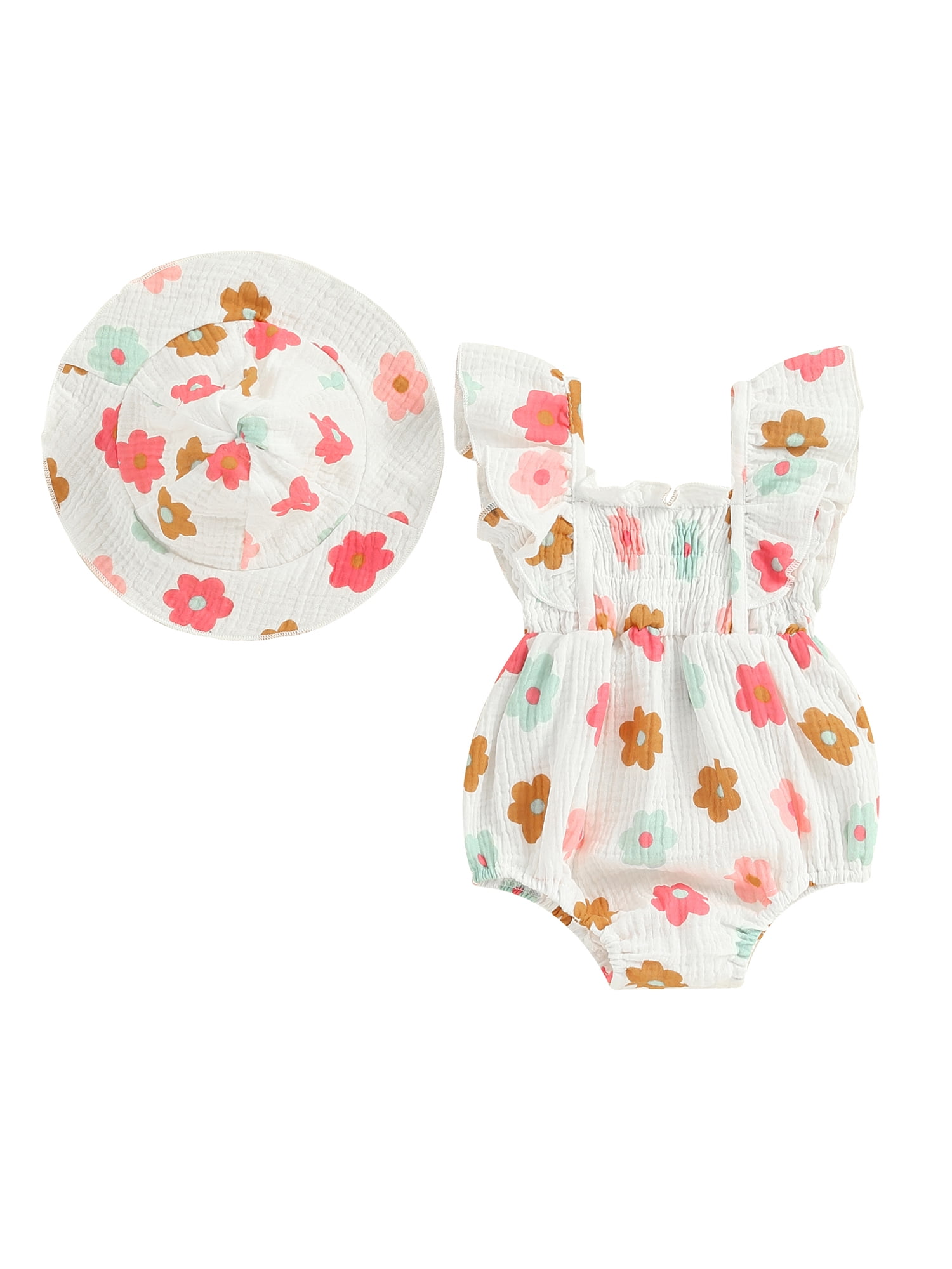 Shuttle tree Newborn Baby Girl Summer Romper Floral Print Flying Sleeve Shirred Jumpsuit with ...