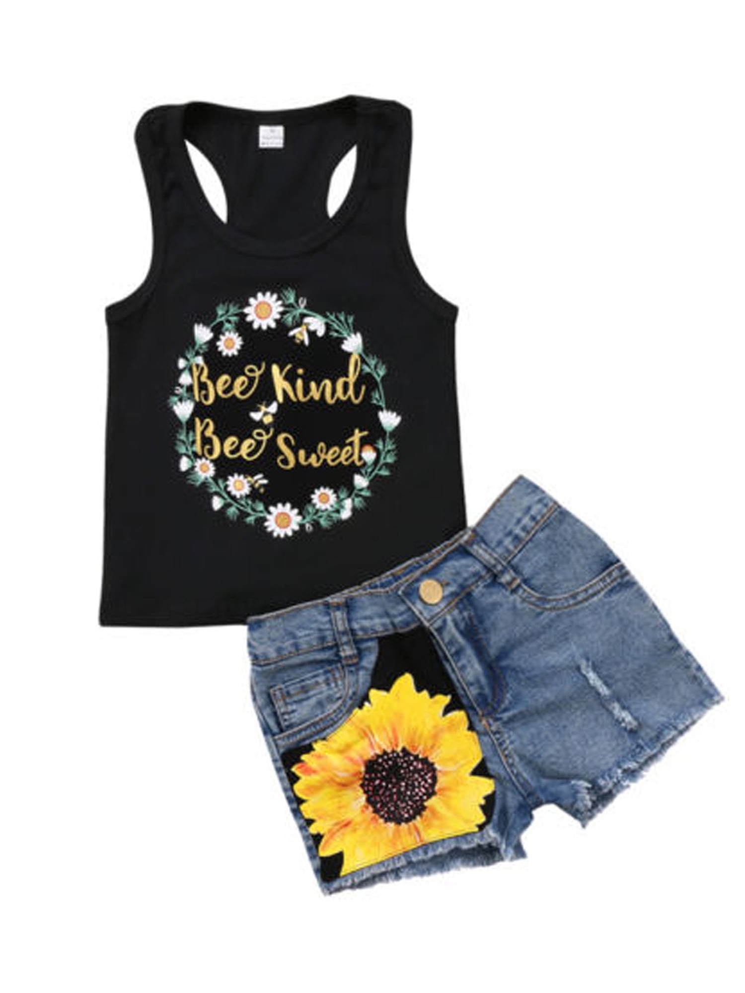 Shuttle tree Toddler Baby Girl Clothes Sunflower Letter T Shirt Sleeveless Vest Tops Denim ...