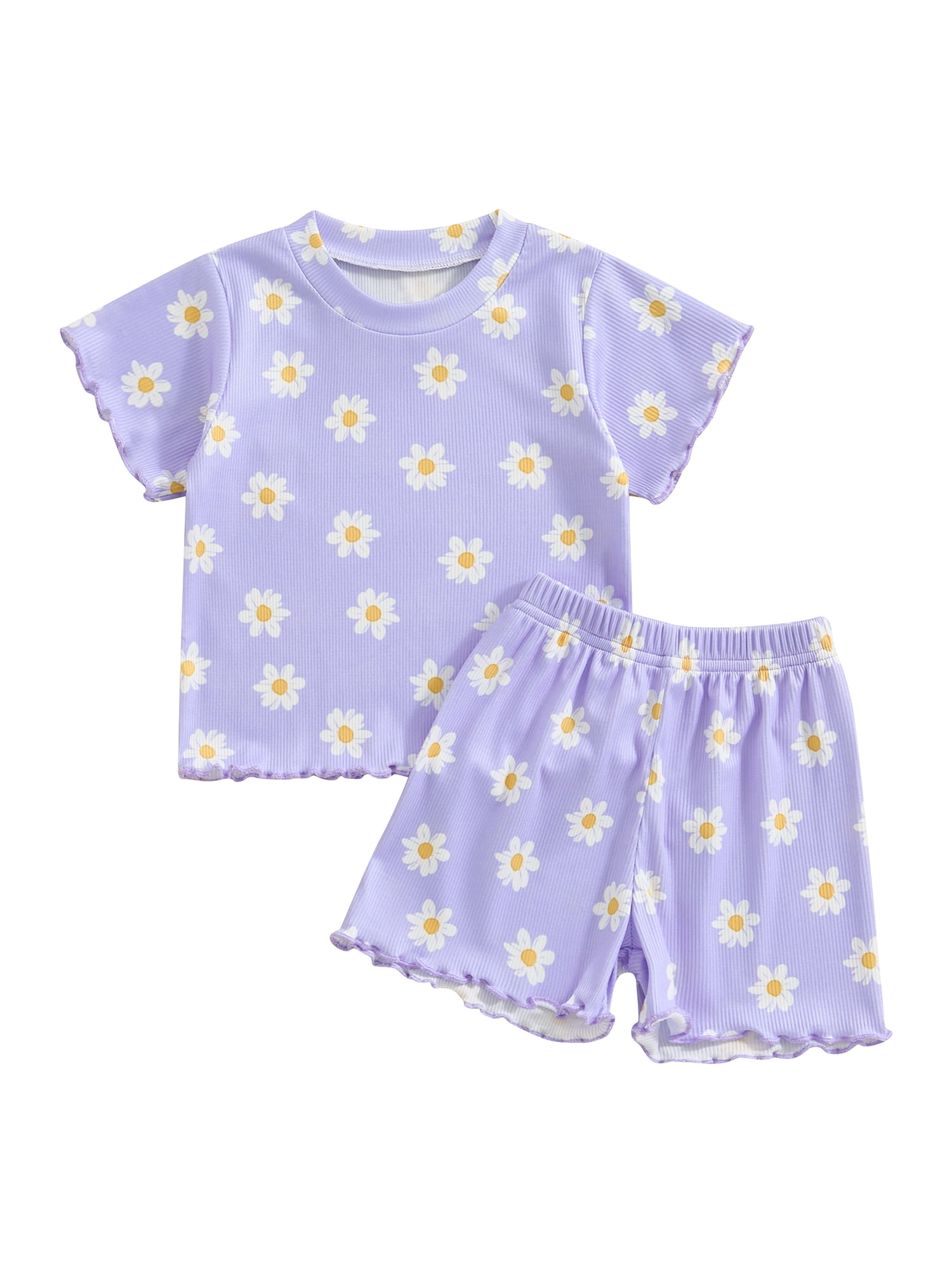 Shuttle tree Toddler Baby Girl Summer Clothes Floral Ribbed Short Sleeves T-Shirt Tops + Shorts ...