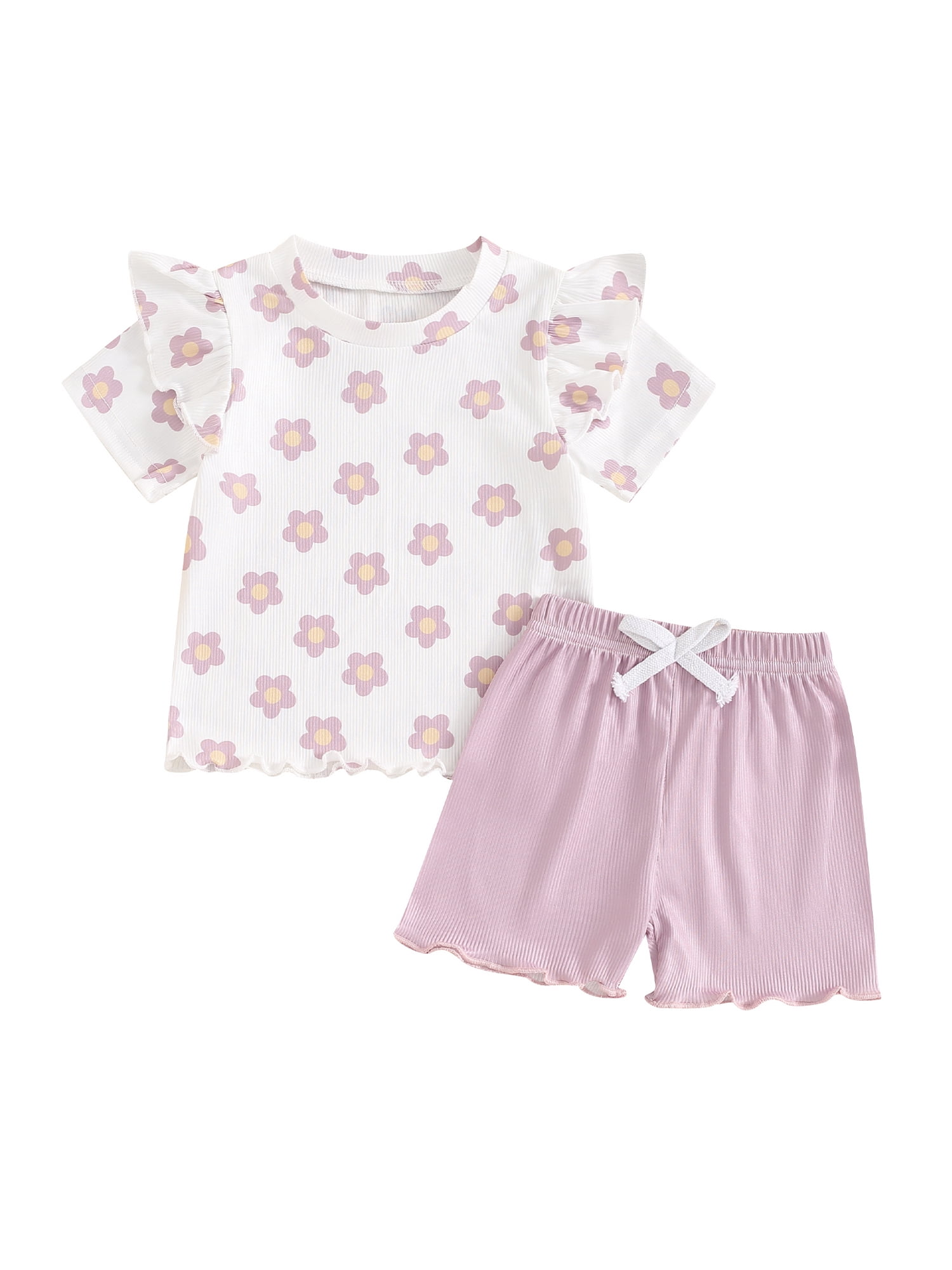 Shuttle tree Toddler Baby Girl Summer Clothes Floral Ribbed Short Sleeves T-Shirt Tops + Shorts ...