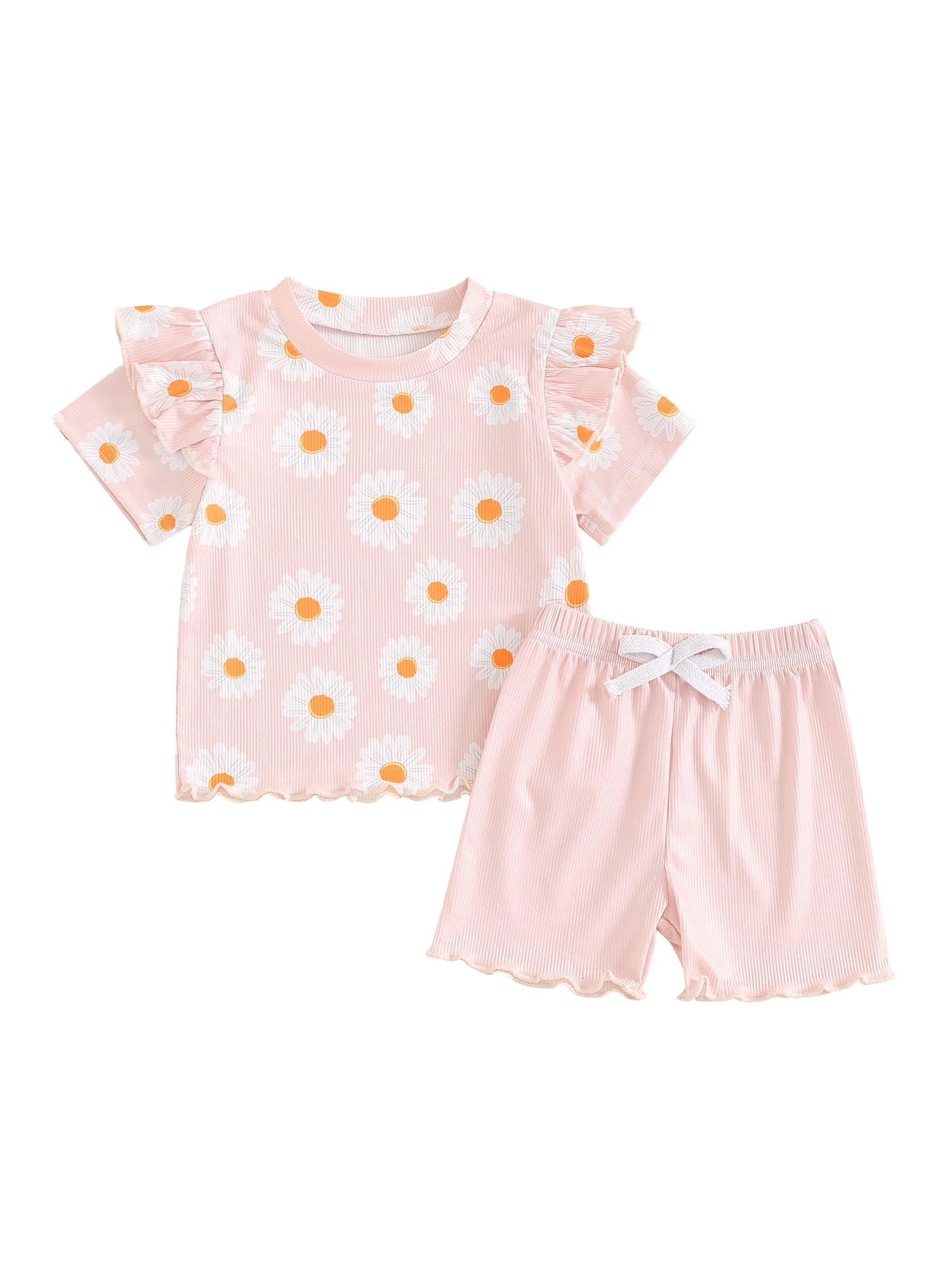 Shuttle tree Toddler Baby Girl Summer Clothes Floral Ribbed Short Sleeves T-Shirt Tops + Shorts ...