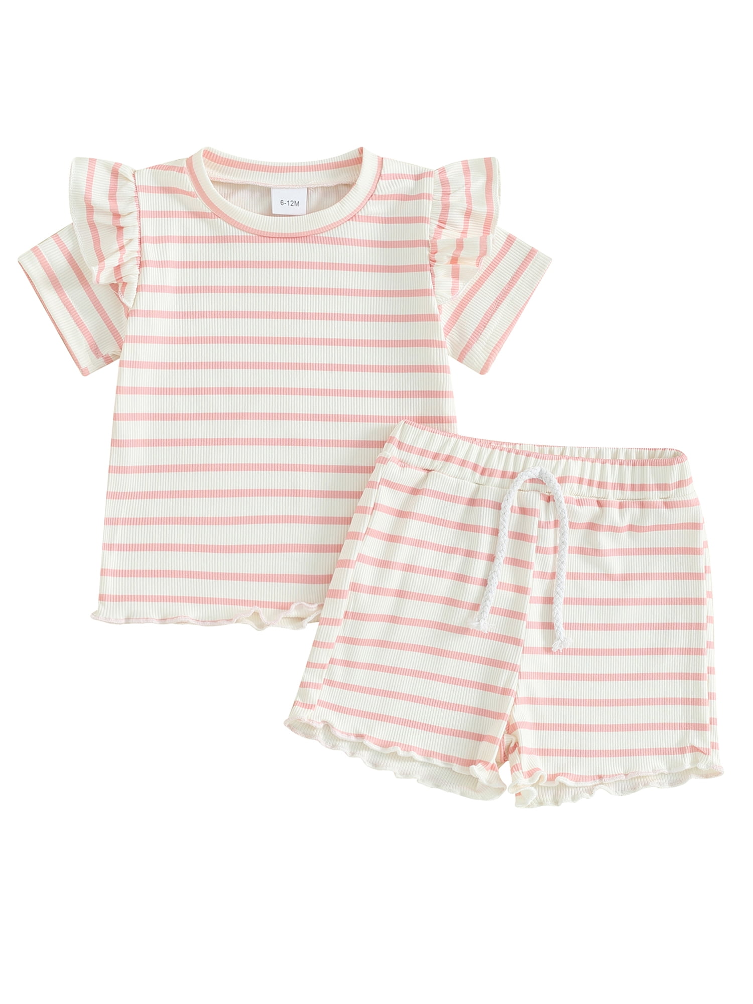 Shuttle tree Toddler Baby Girl Summer Clothes Striped Ribbed Knit Short Sleeves T-Shirt Tops ...
