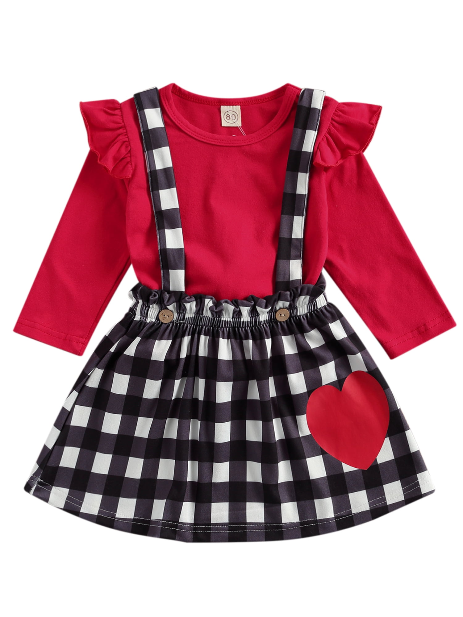 Shuttle tree Toddler Baby Girl Valentines Day Outfit Ruffle Sleeve Top Heart Plaid Suspender ...