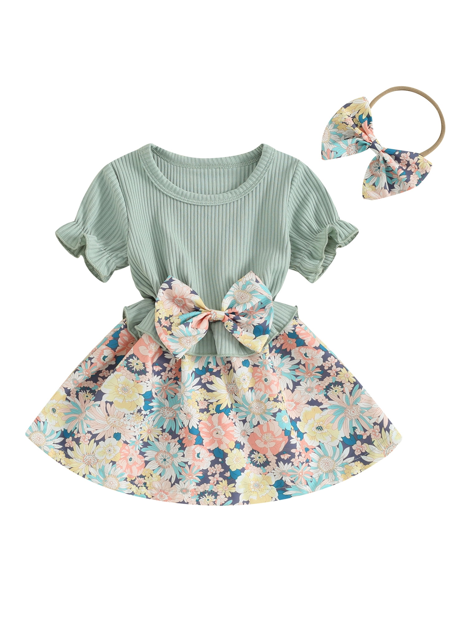 Shuttle tree Toddler Baby Girls Summer Dress Short Sleeve Floral Ribbed A line Dress and ...