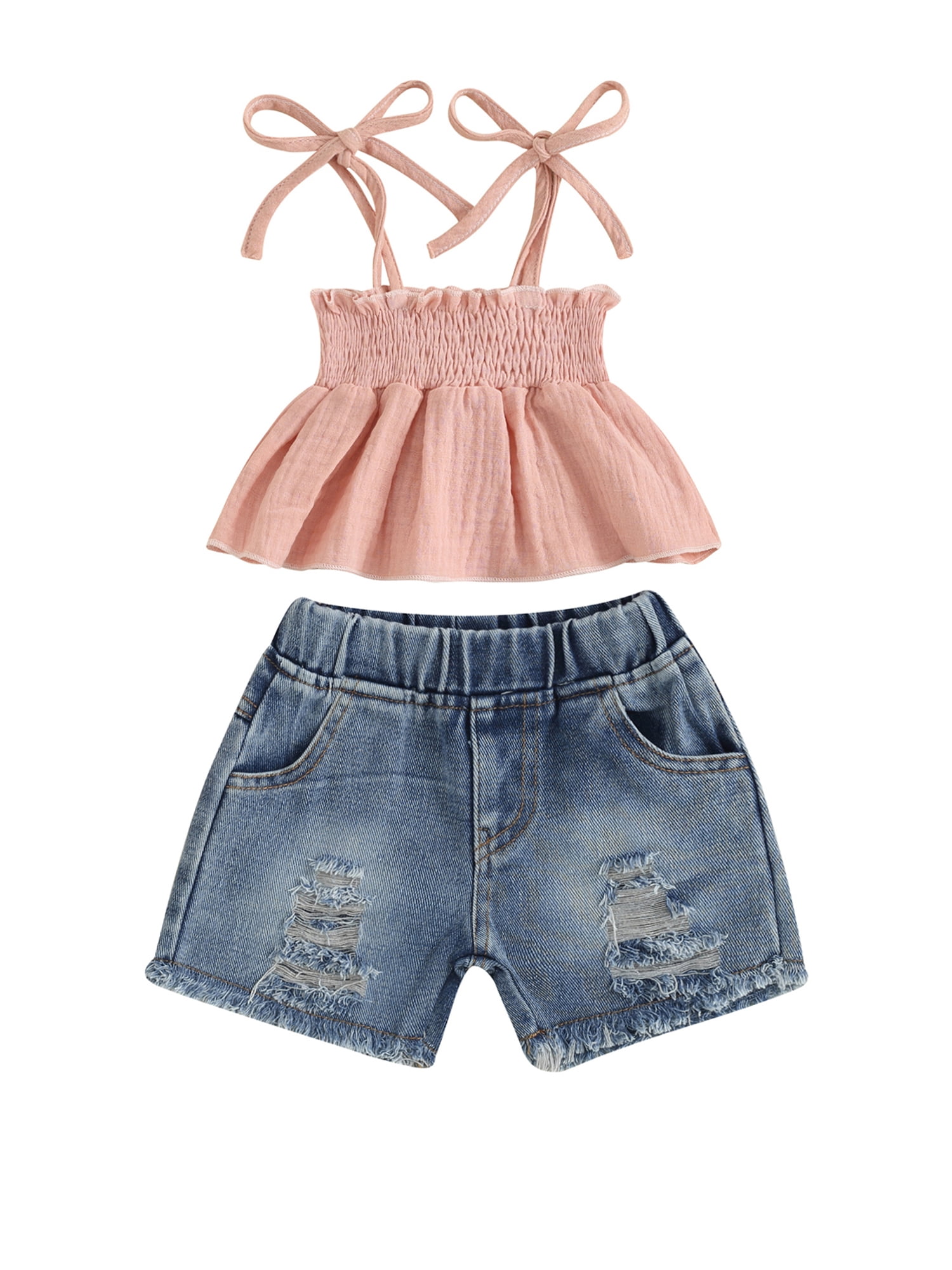 Shuttle tree Toddler Girls Sleeveless Cami Ruffle Tops Denim Shorts Set ...