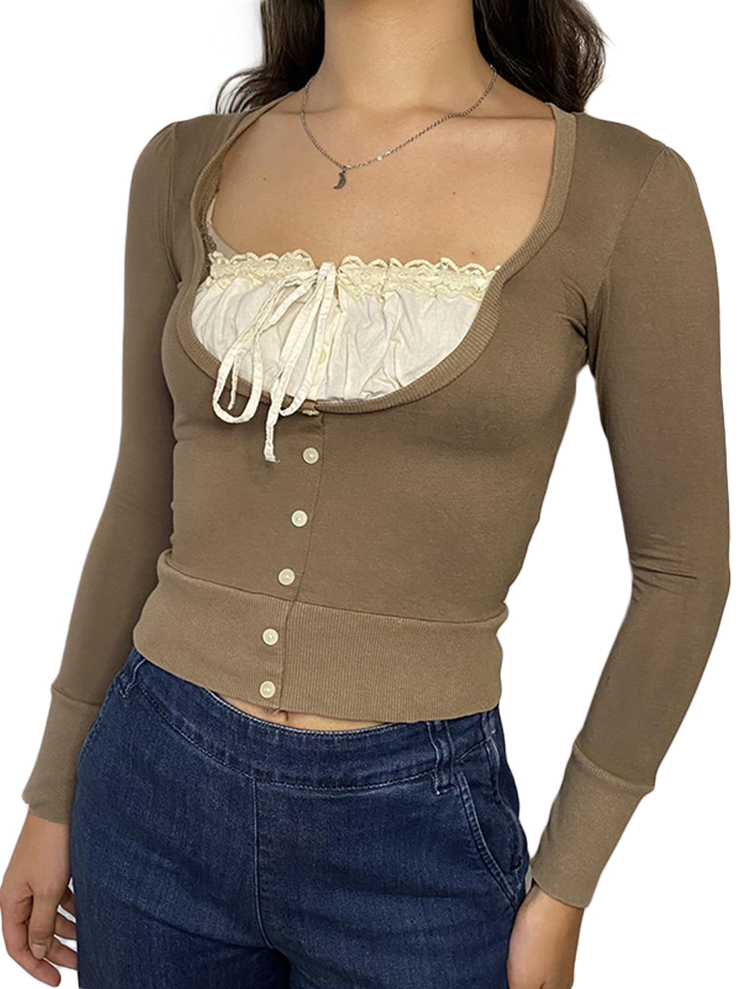 Shuttle tree Women Lace Front Patchwork Crop Top Long Sleeve Fairycore ...