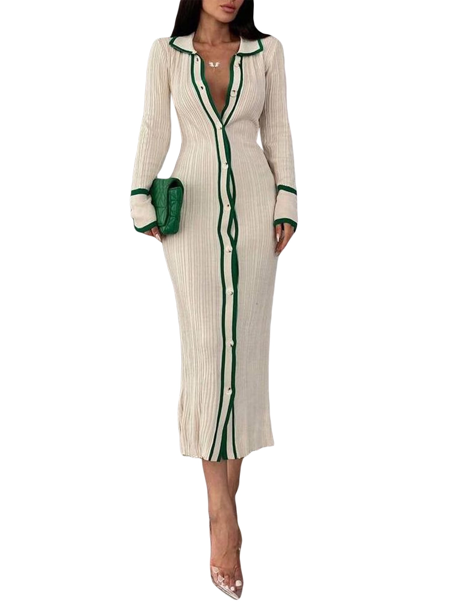 Shuttle tree Women's Button Sweater Dress Long Sleeve Lapel Collar Knit ...