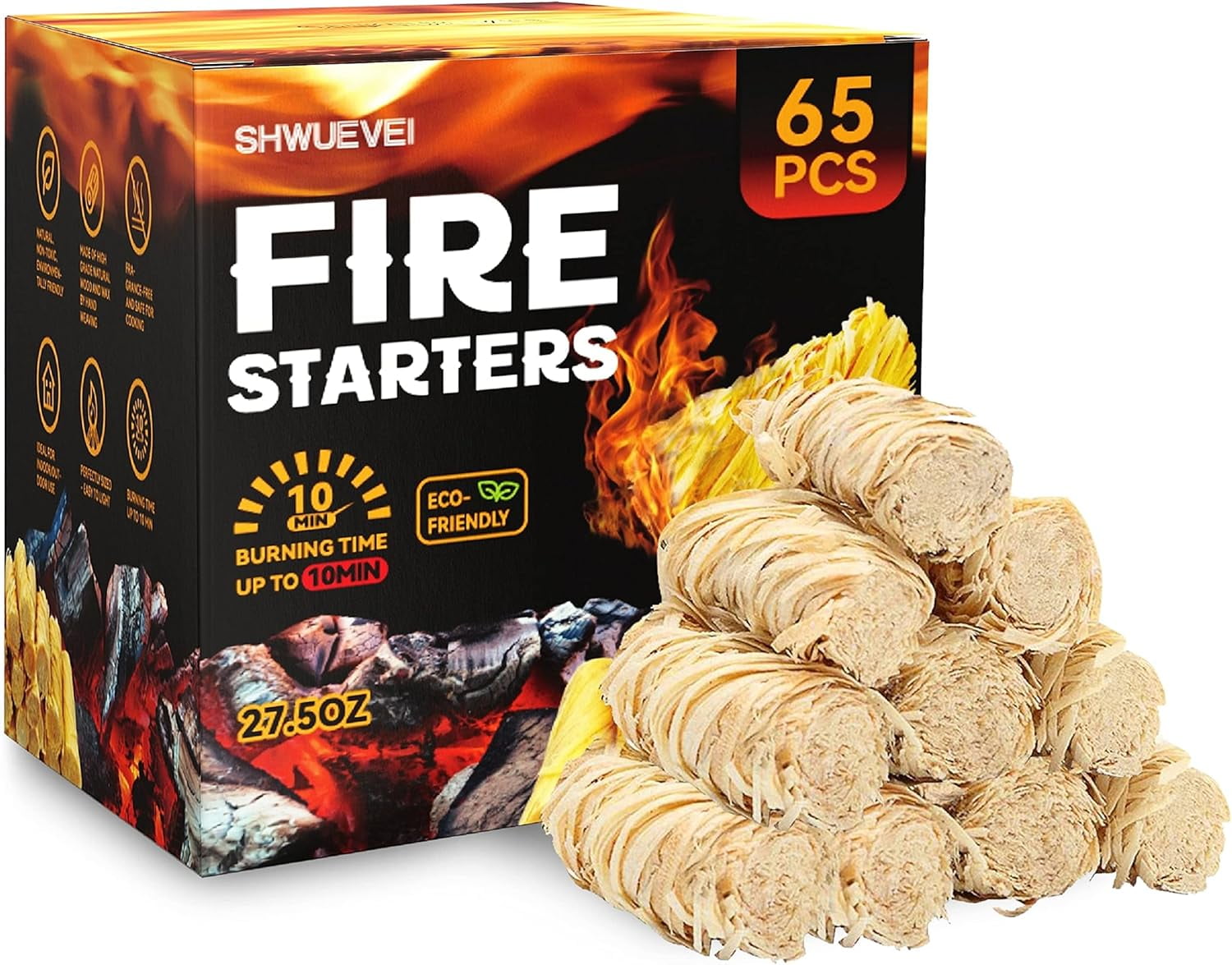 Shwuevei 65 pcs Fire Starter - Natural Fire Starters for Fireplace ...