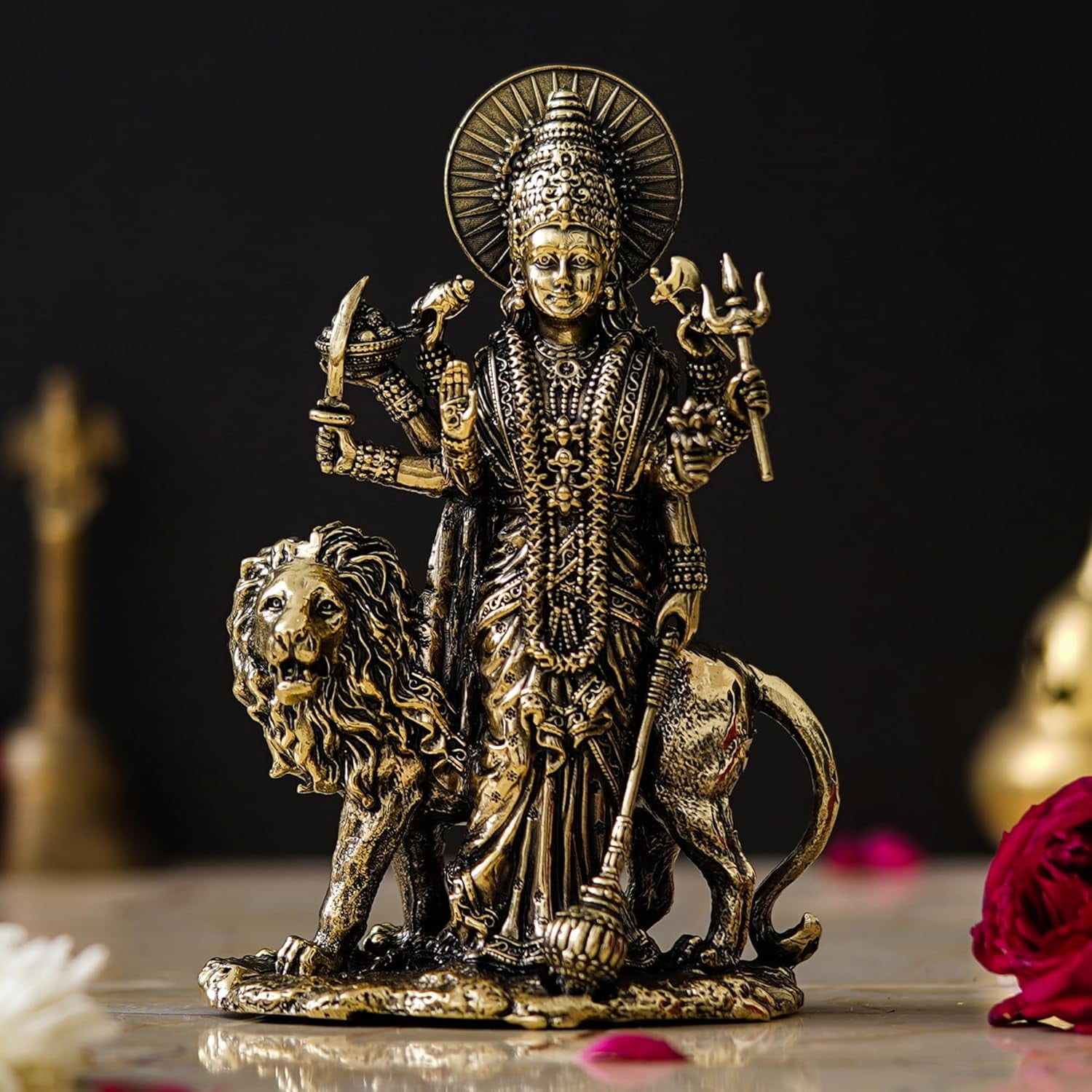 Shyam Antique Creation Brass 6 Durga Maa Standing with Lion Idol Hindu Goddess Sherawali MATA ...