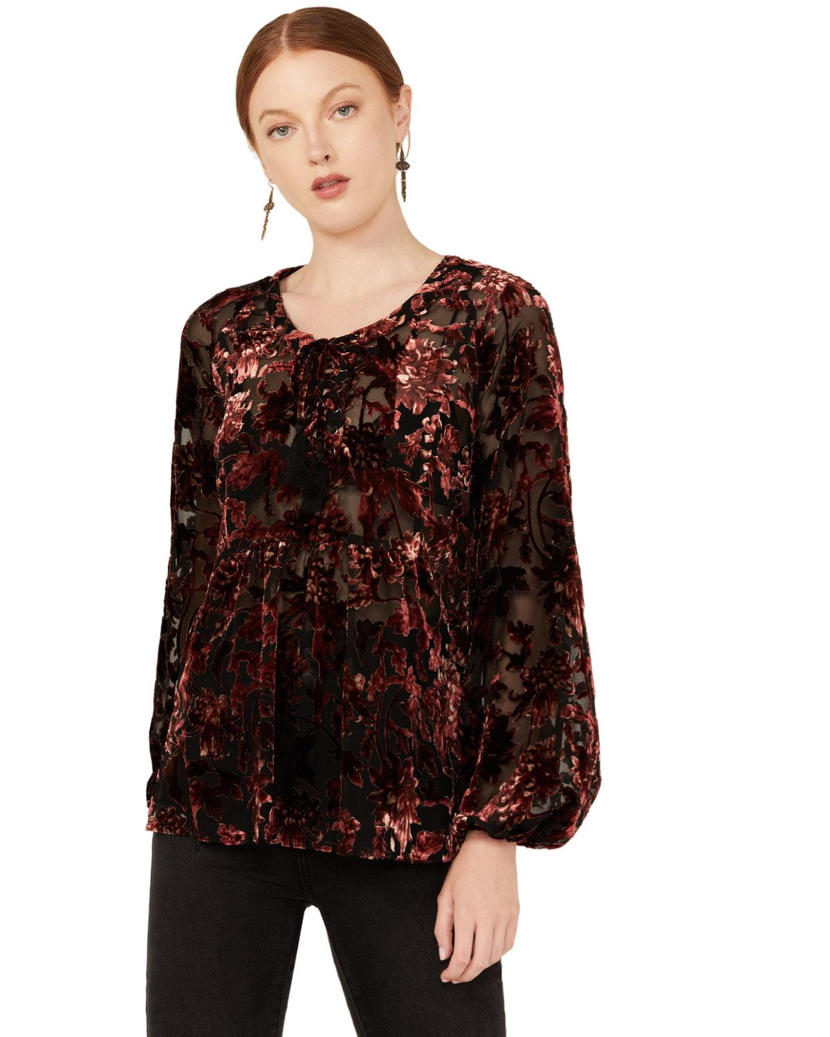 Shyanne Women's Burnout Velvet Peasant Lace-Up Top Black US - Walmart.com