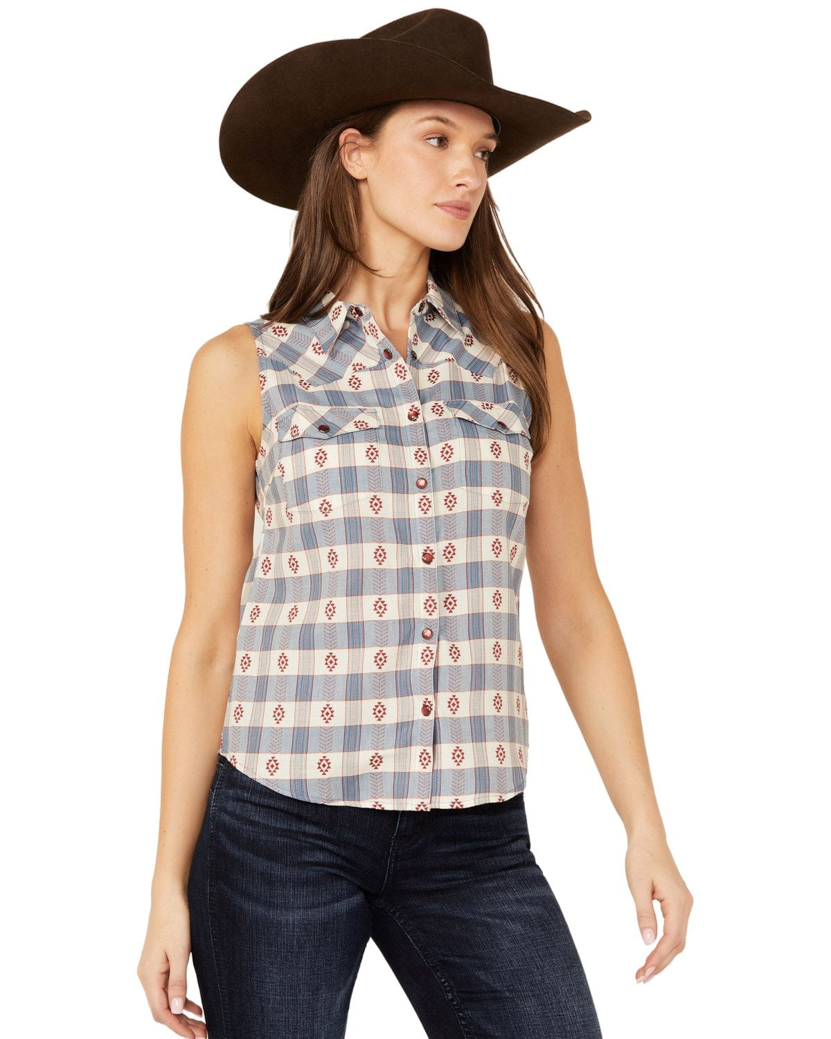 Shyanne Women's Casper Checkered Print Sleeveless Pearl Snap Western ...