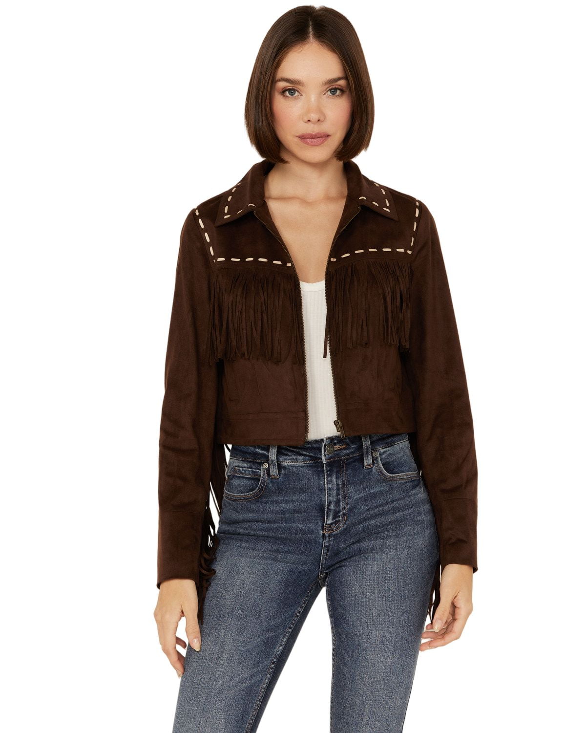 Shyanne Women's Faux Suede Contrast Stitch Fringe Jacket - SWSP24O36 ...