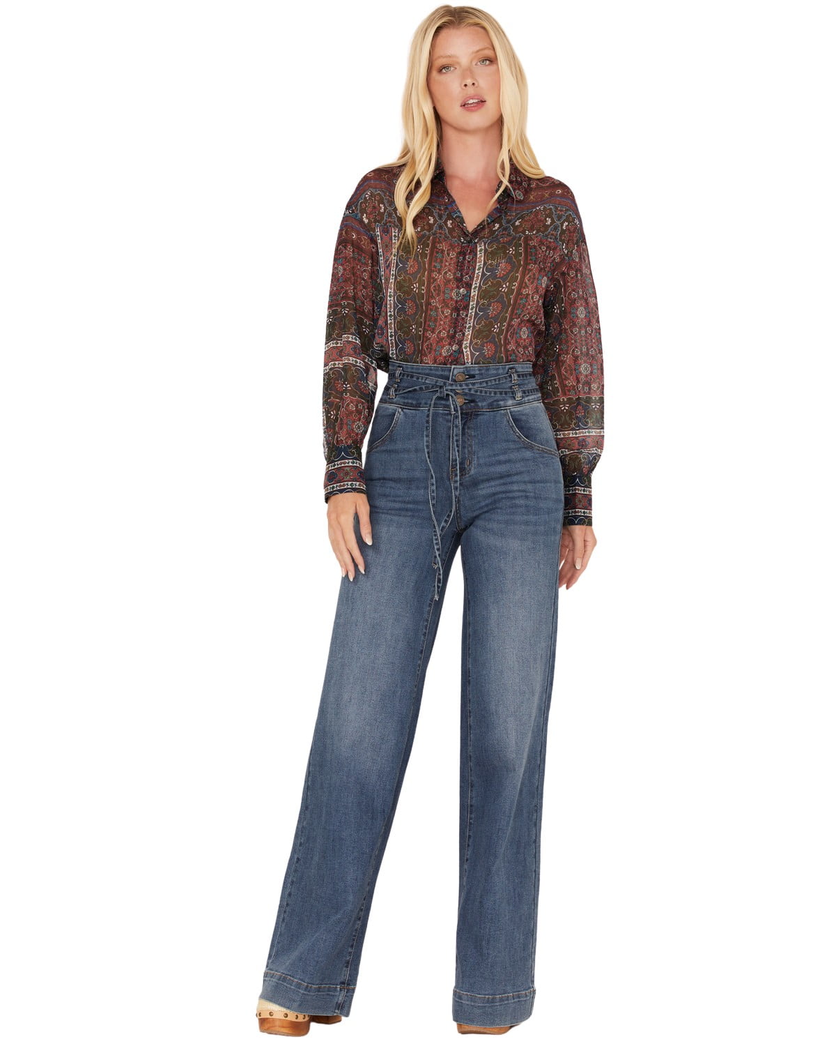 Shyanne Women's Medium Wash High Rise Belted Trouser Wide Jeans ...