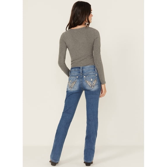 Shyanne Women's Mid Rise Medium Wash Bootcut Wing Faux Flap Stretch ...