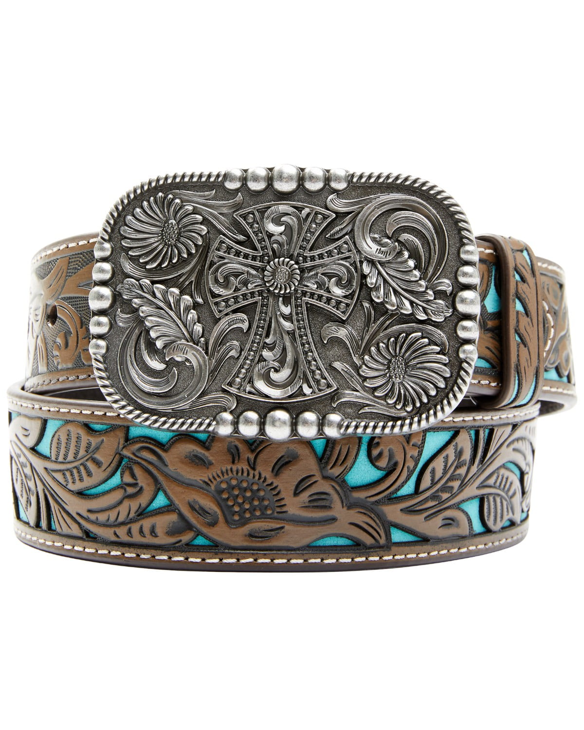 Shyanne Women's Tooled Cross Leather Belt Chocolate/Turquoise Small ...
