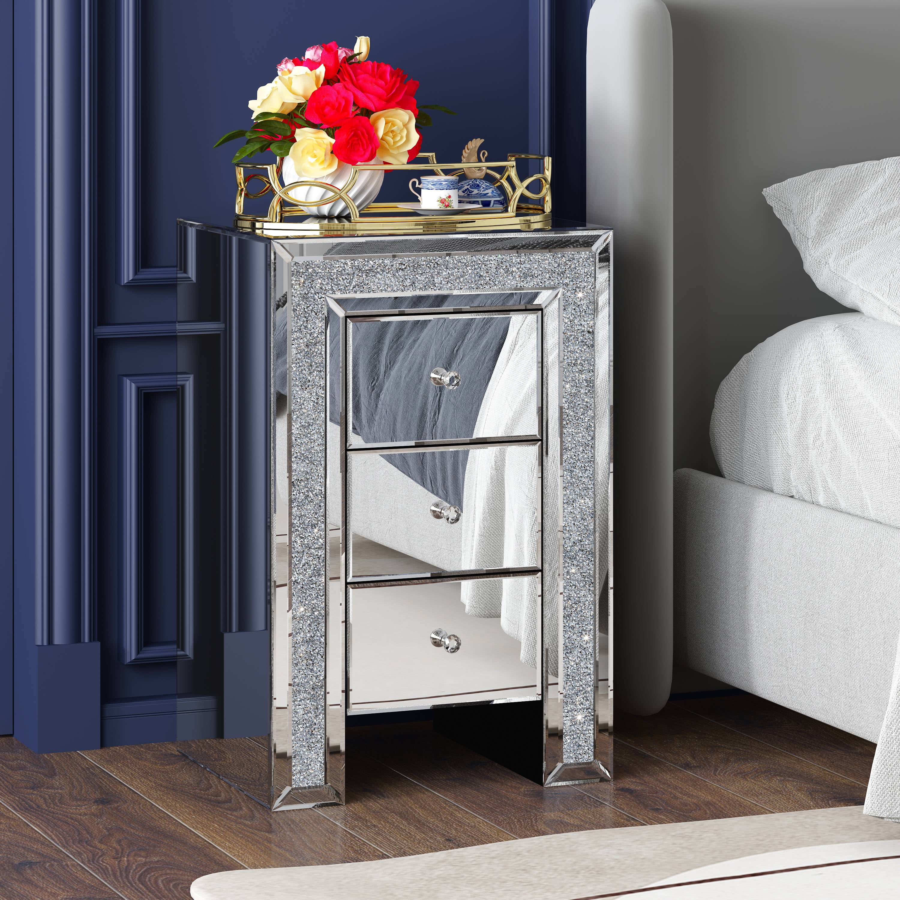 Shyfoy Mirrored Nightstand with 3 Drawers Mirrored End Tables Bedside ...