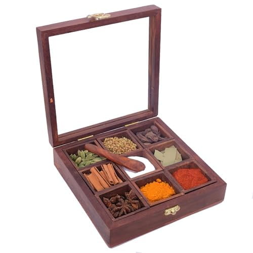 Shyre Wooden Masala Box with Antique Lock SpoonSpiceFit Tabletop Glass ...