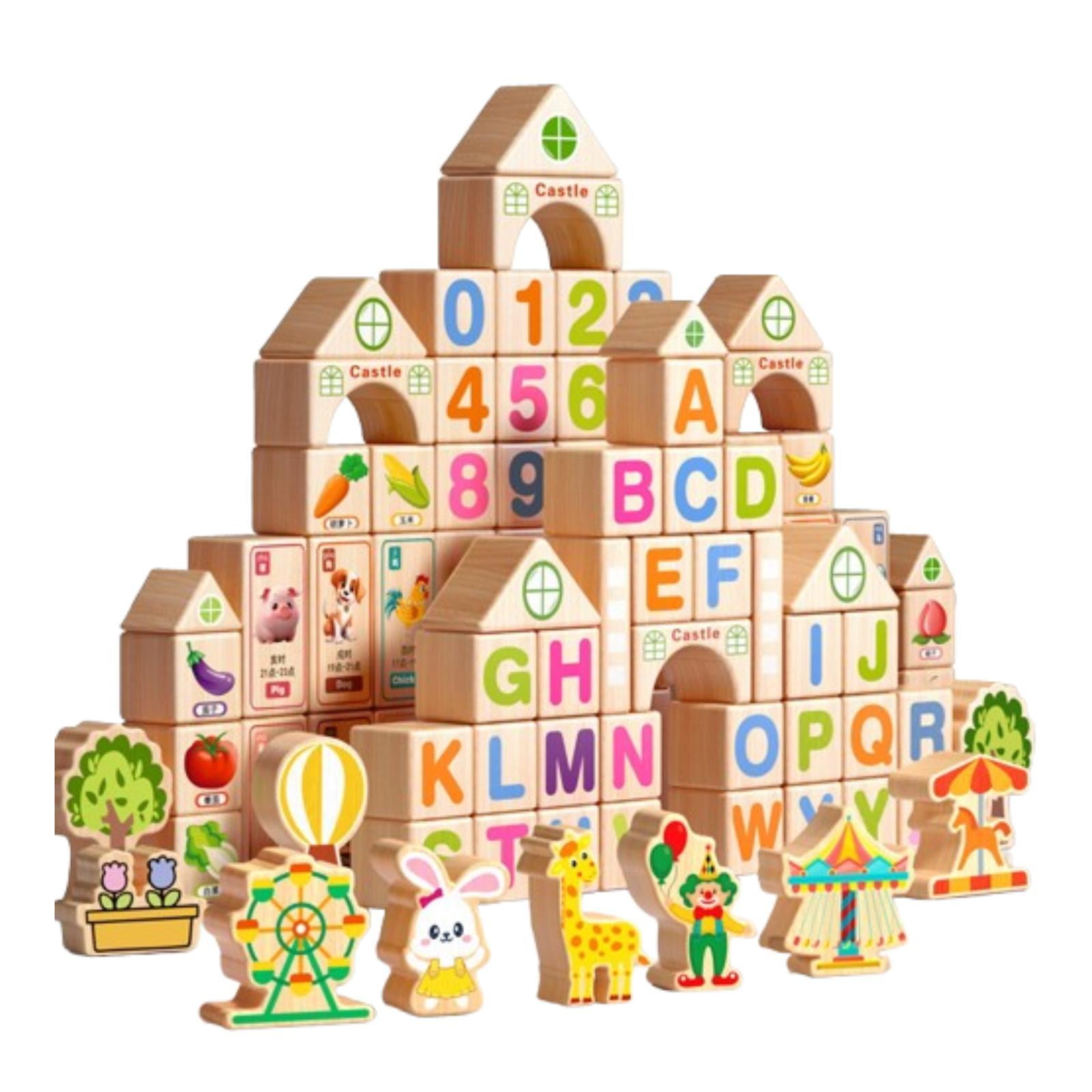SiaBiced 100 Pieces Wood Stacking Blocks DIY Learn Letter Number Shape ...