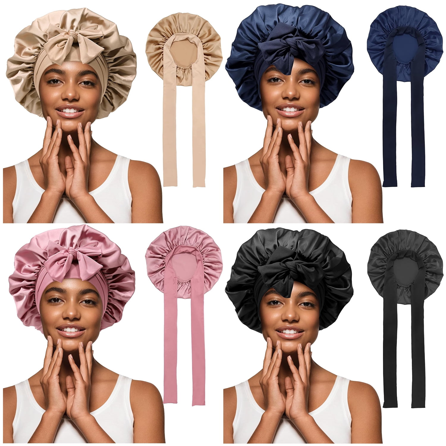 Siabmc 4 Pack Satin Hair Bonnet with Wide Band Silk Sleeping Bonnets ...