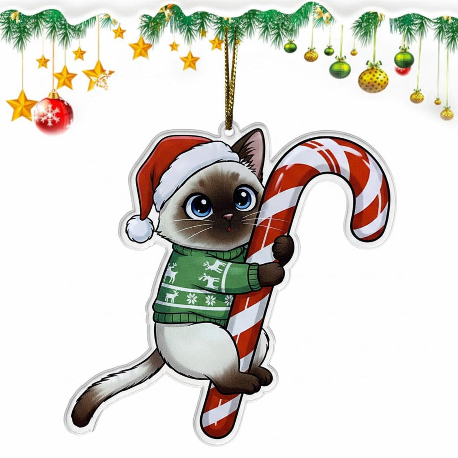 Siamese Cat Climbing Candy Cane Christmas Ornament – Acrylic Holiday ...