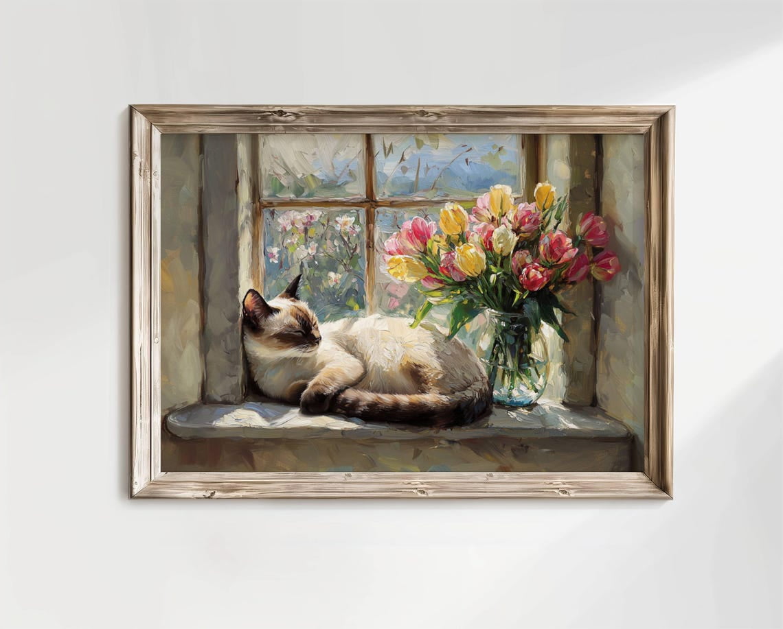 Siamese Cat In Window With Spring Flowers Poster, Spring Floral Home ...