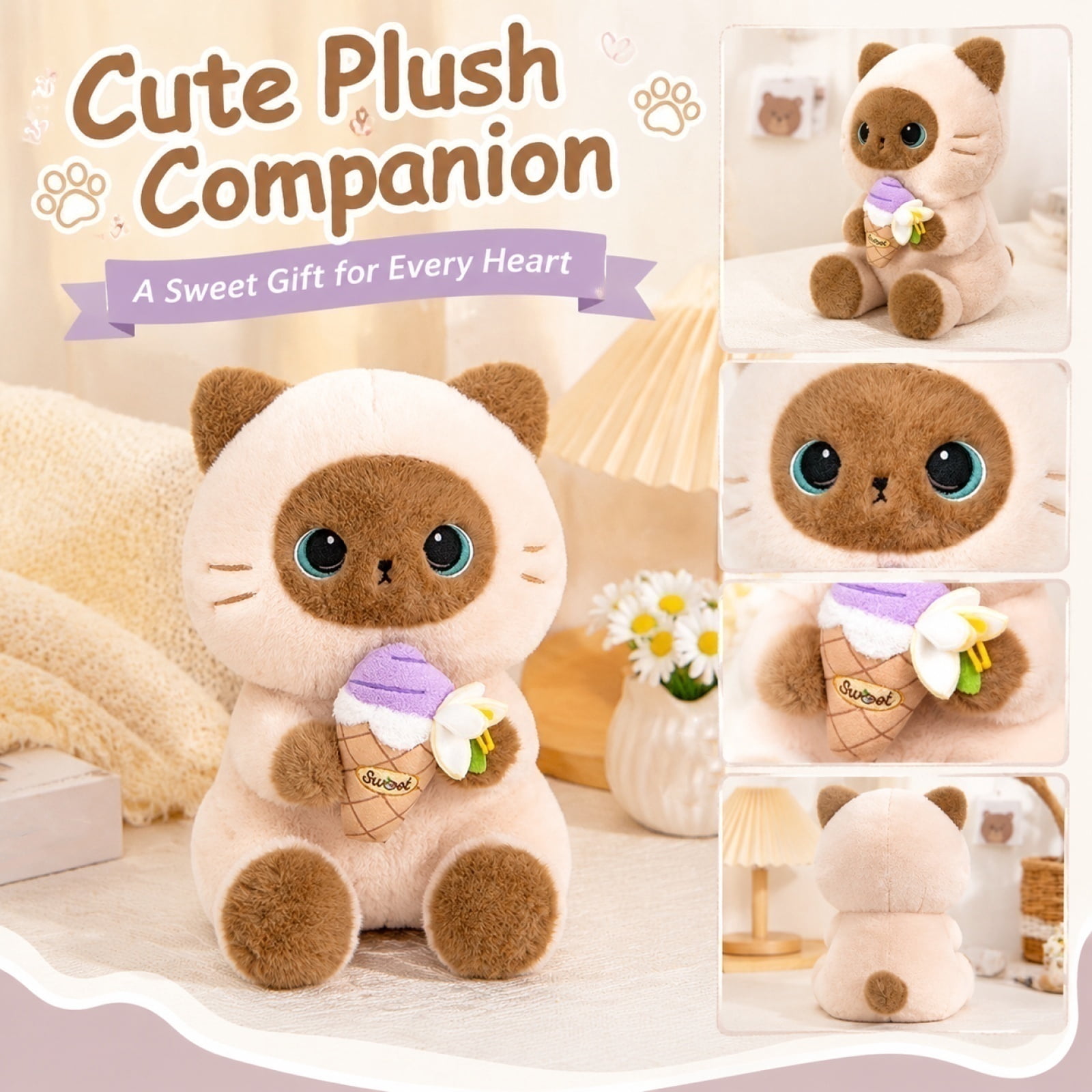 Siamese Cat Stuffed Animal with Ice Cream, Soft Stuffed Kitty Plushie ...