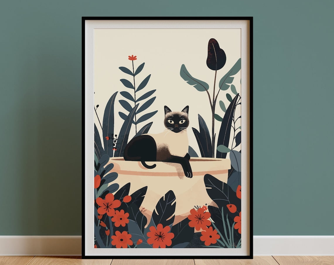 Siamese Cat Wall Art, Boho Kitten Jungle Bathtub Print, Maximalist ...
