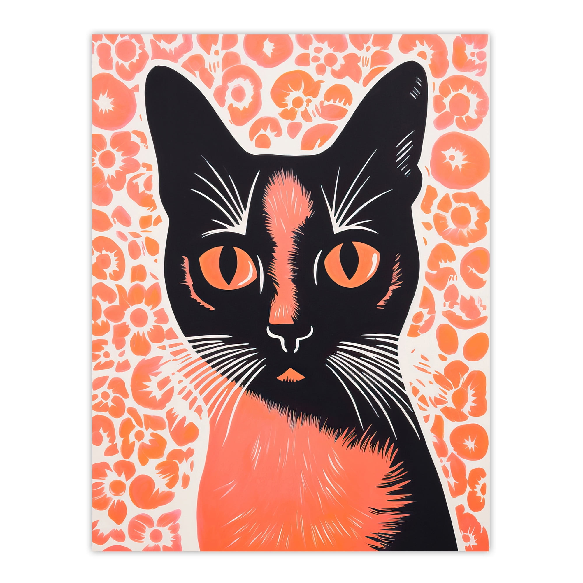Siamese Cat With Flowers Risograph Coral Pink And Black Screenprint Floral Artwork Riso Interior ...