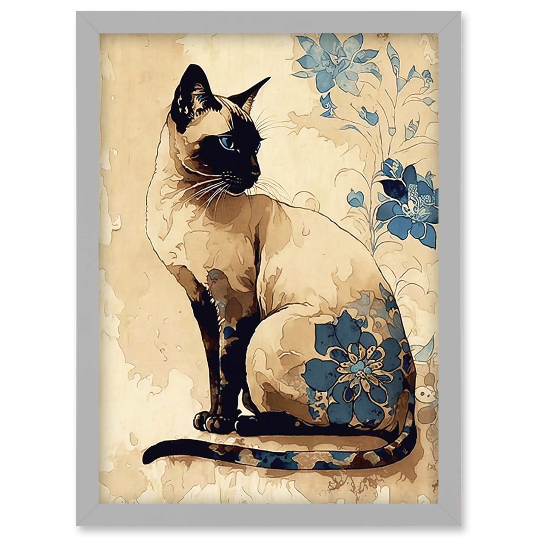 Siamese Cat with Blue Flowers Watercolour and Ink Modern Illustration ...
