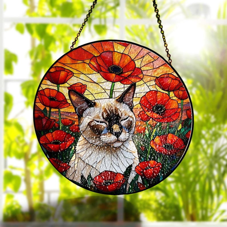 Siamese cat smelling red poppies GLASS suncatcher Hanging, siamese cat ...