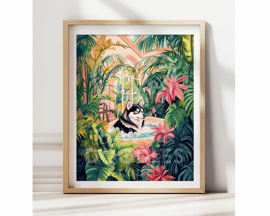 Siberian Husky In Bathtub Poster Funny Dog Wall Art Husky Hawaii Island ...