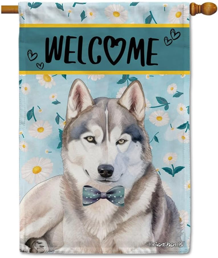 Siberian Husky Daisy Flowers Welcome House Flag Watercolor Dog Spring ...