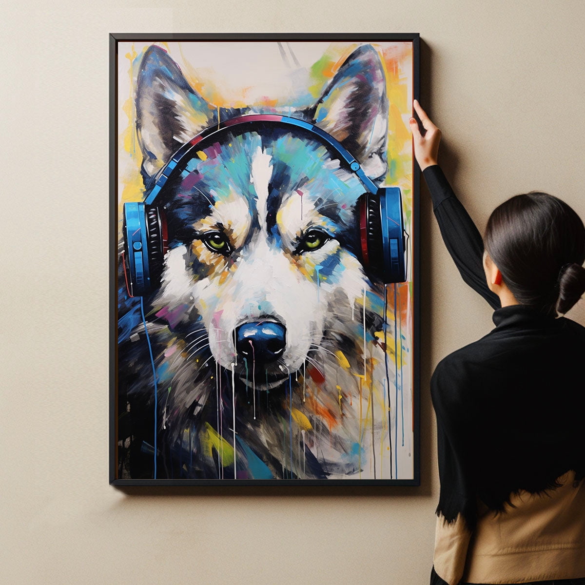 Siberian Husky Dog Headphone Art Print Canvas, Wall art Painting Decor ...