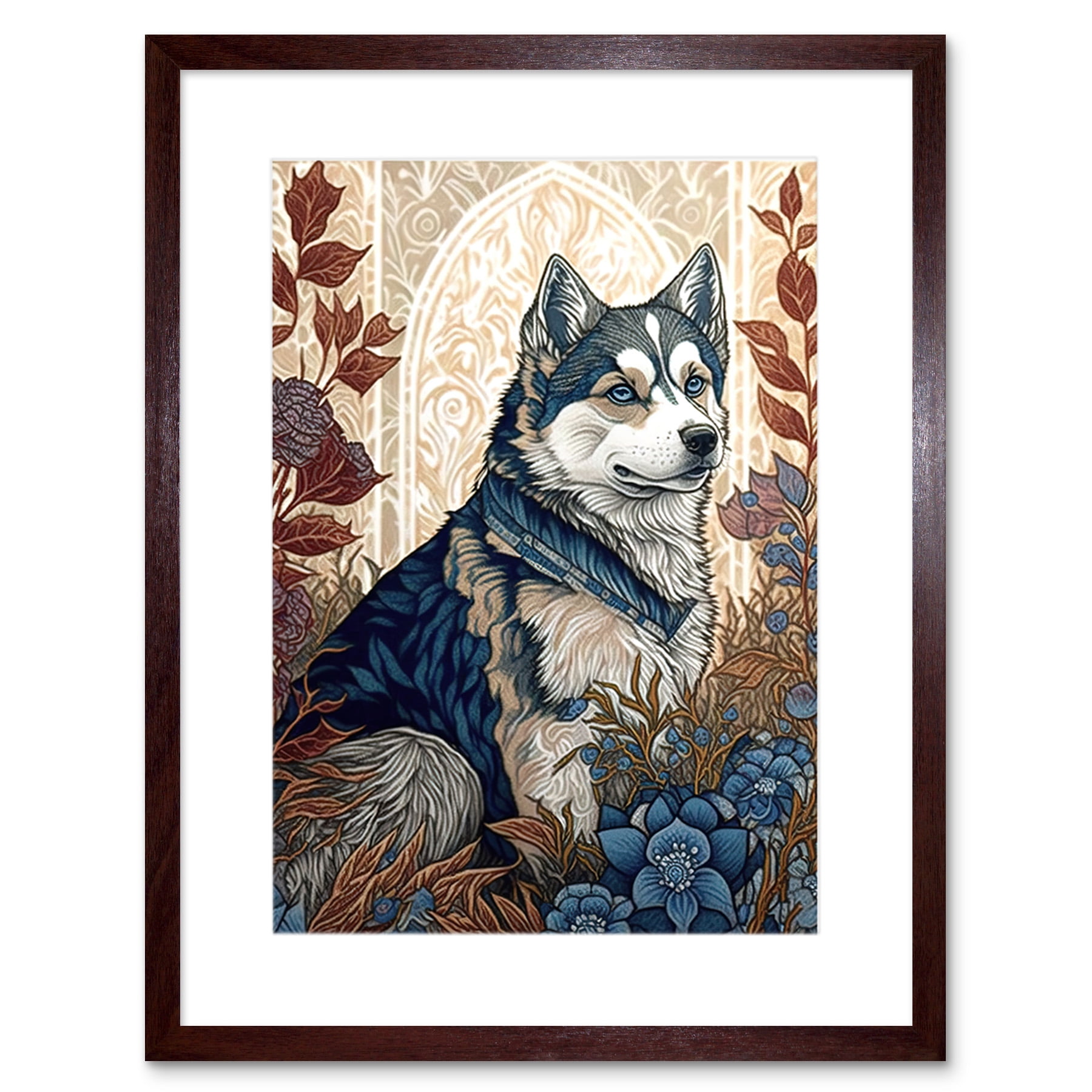 Siberian Husky Dog in Autumn Flower Field Modern Art Nouveau ...