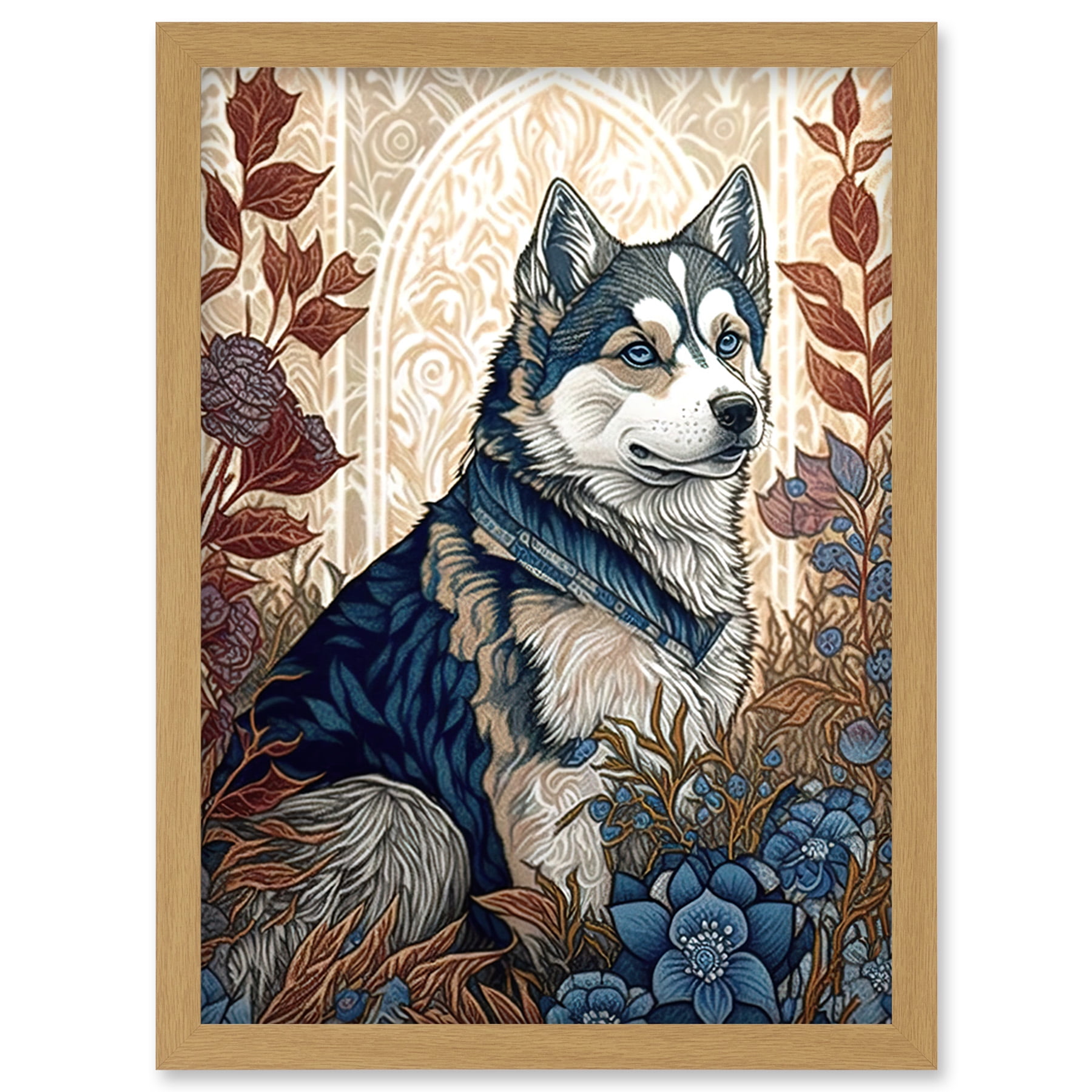 Siberian Husky Dog in Autumn Flower Field Modern Art Nouveau ...